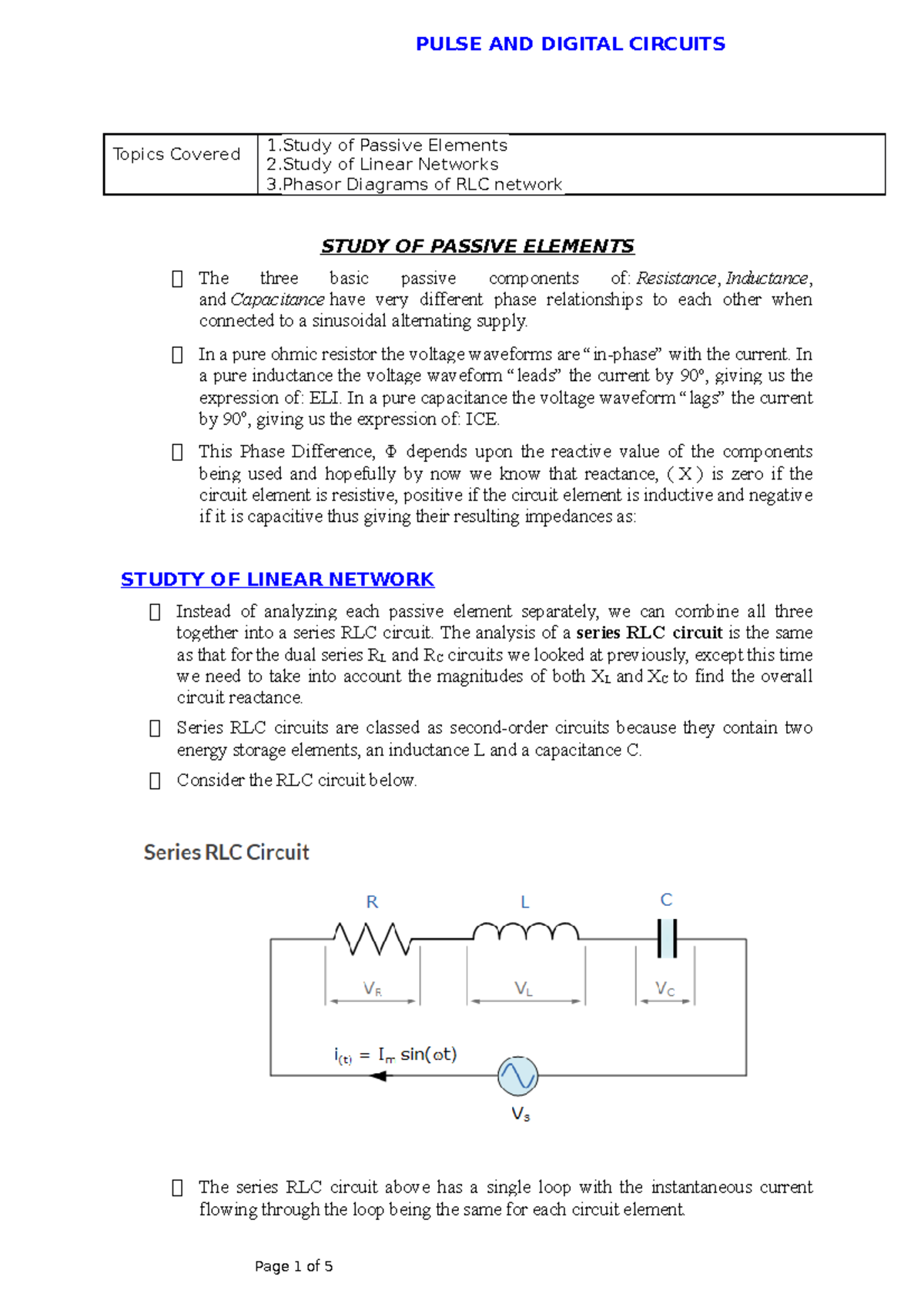 Study of Linear Networks - Topics Covered 1 of Passive Elements 2 of Linear Networks 3 Diagrams ...