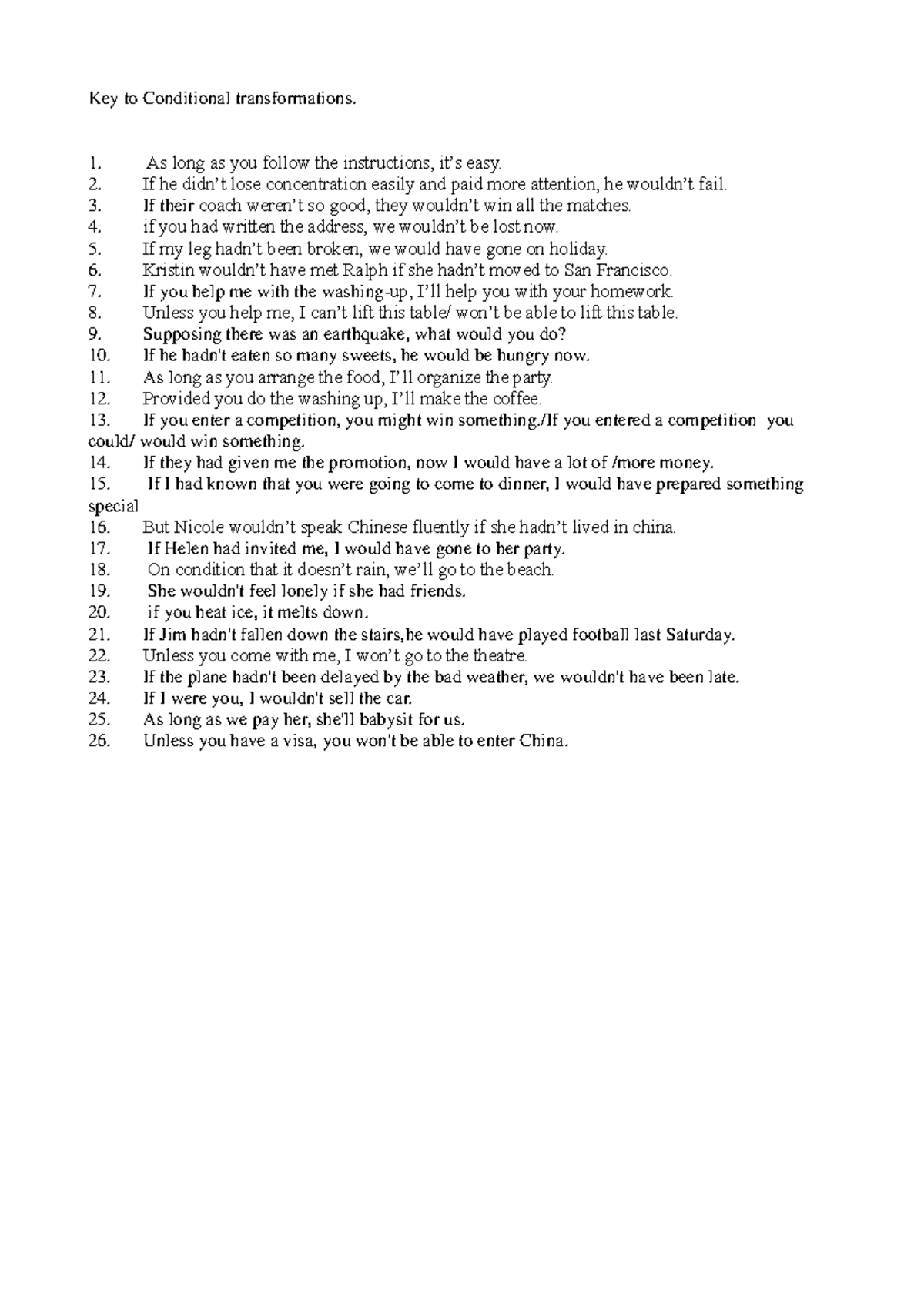 Rephrasing Conditionals Soluciones FOTO -UNIT 4 - Key to Conditional transformations. As long as ...