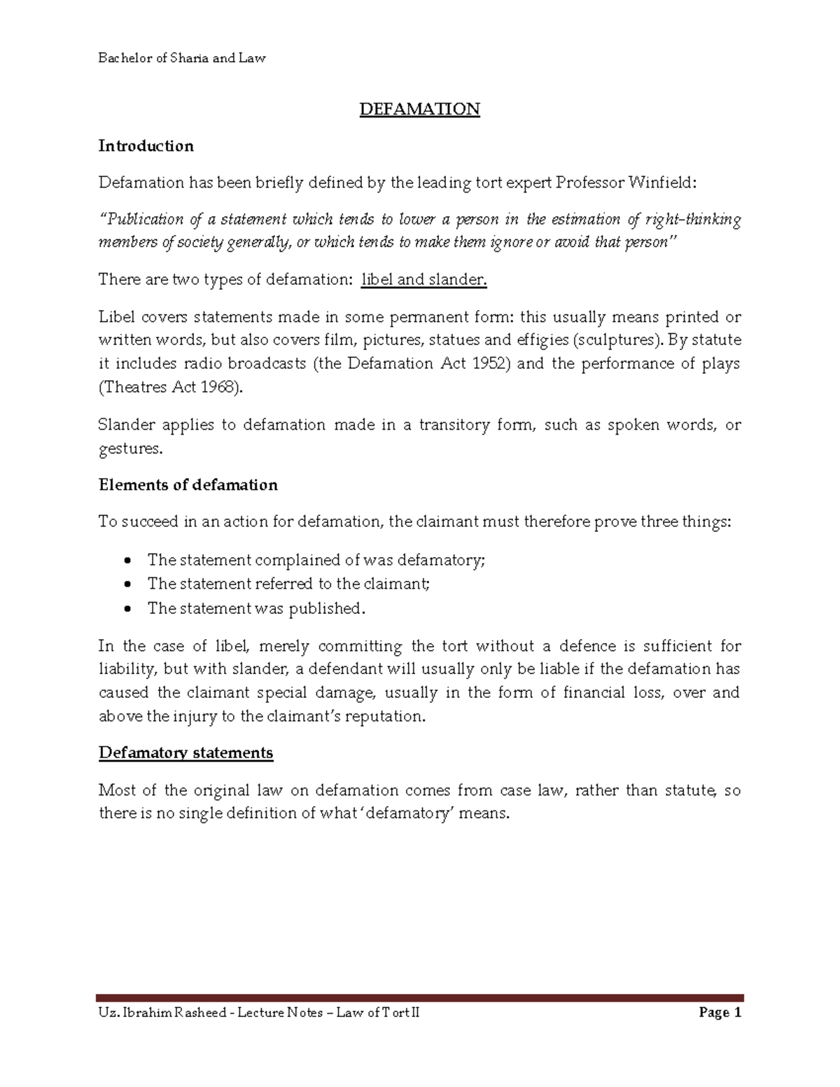 13. Defamation - lecture notes of tort law II - DEFAMATION Introduction ...