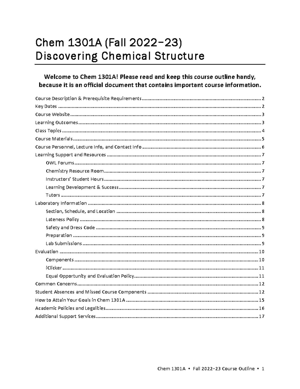 Chem 1301A 2022 course outline - Chem 1301 A (Fall 2022 − 23 ) Discovering Chemical Structure ...