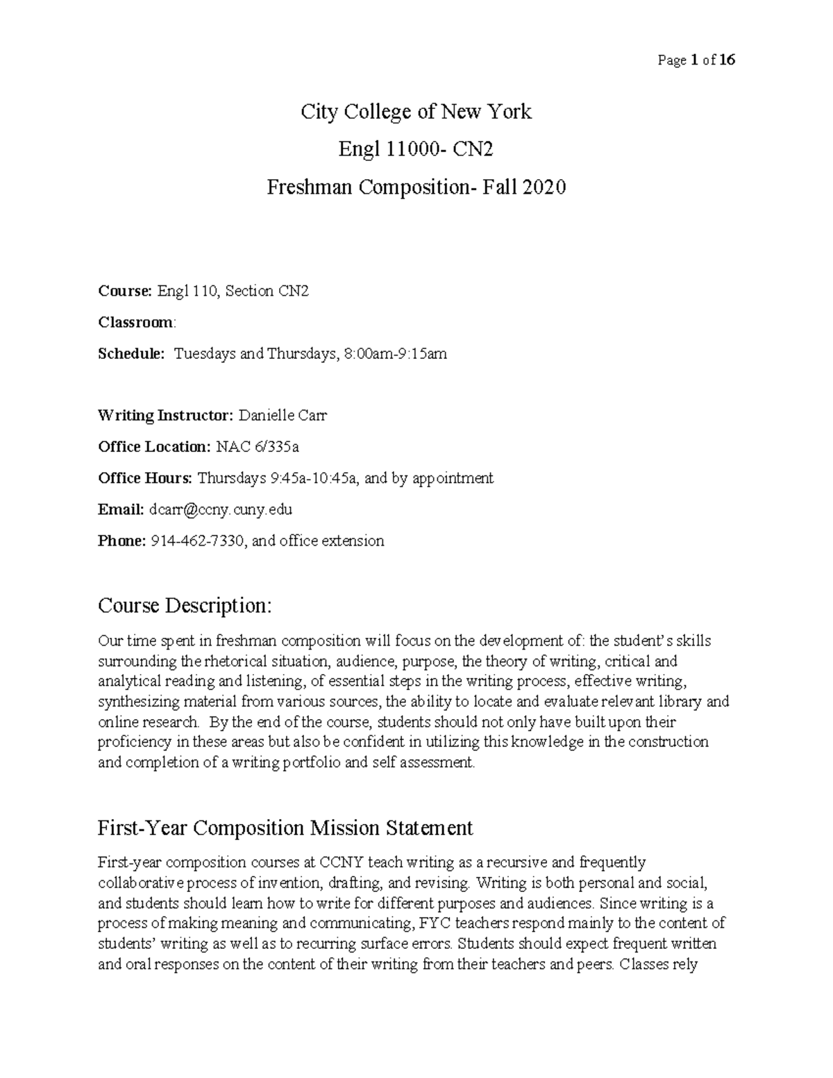 Engl 110 CN fall 2020 syllabus - City College of New York Engl 11000 ...