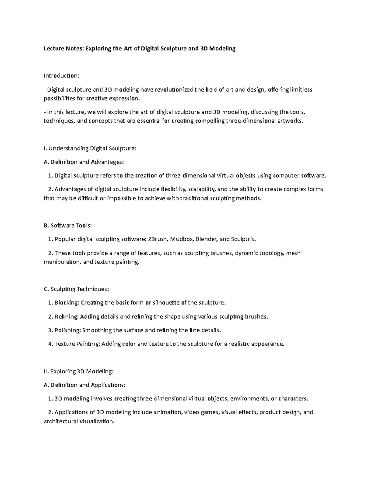 Lecture Notes: Exploring the Art of Digital Sculpture and 3D Modeling ...