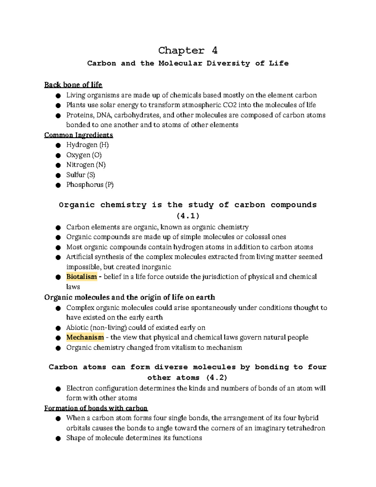 Ap bio chapter 4 - Chapter 4 Carbon and the Molecular Diversity of Life ...
