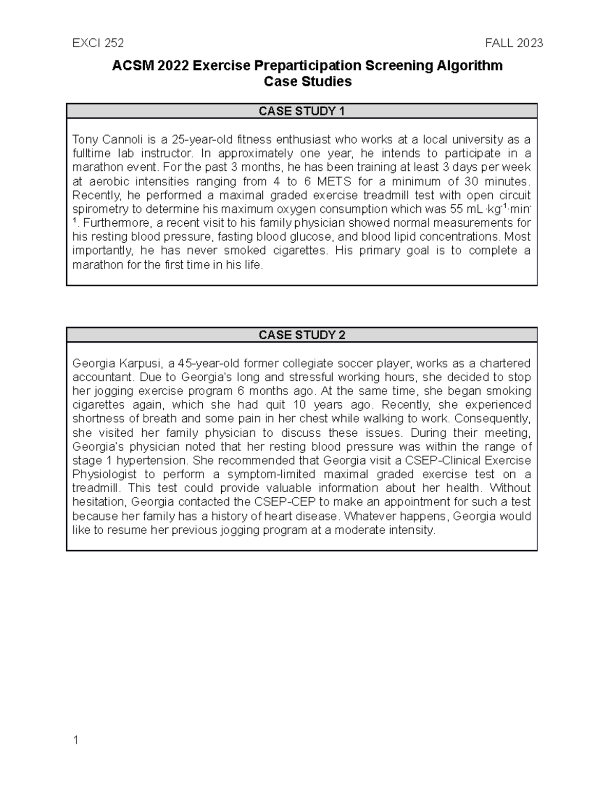 EXCI 252 ACSM 2022 Preparticipation Screening Algorithm Case Studies ...