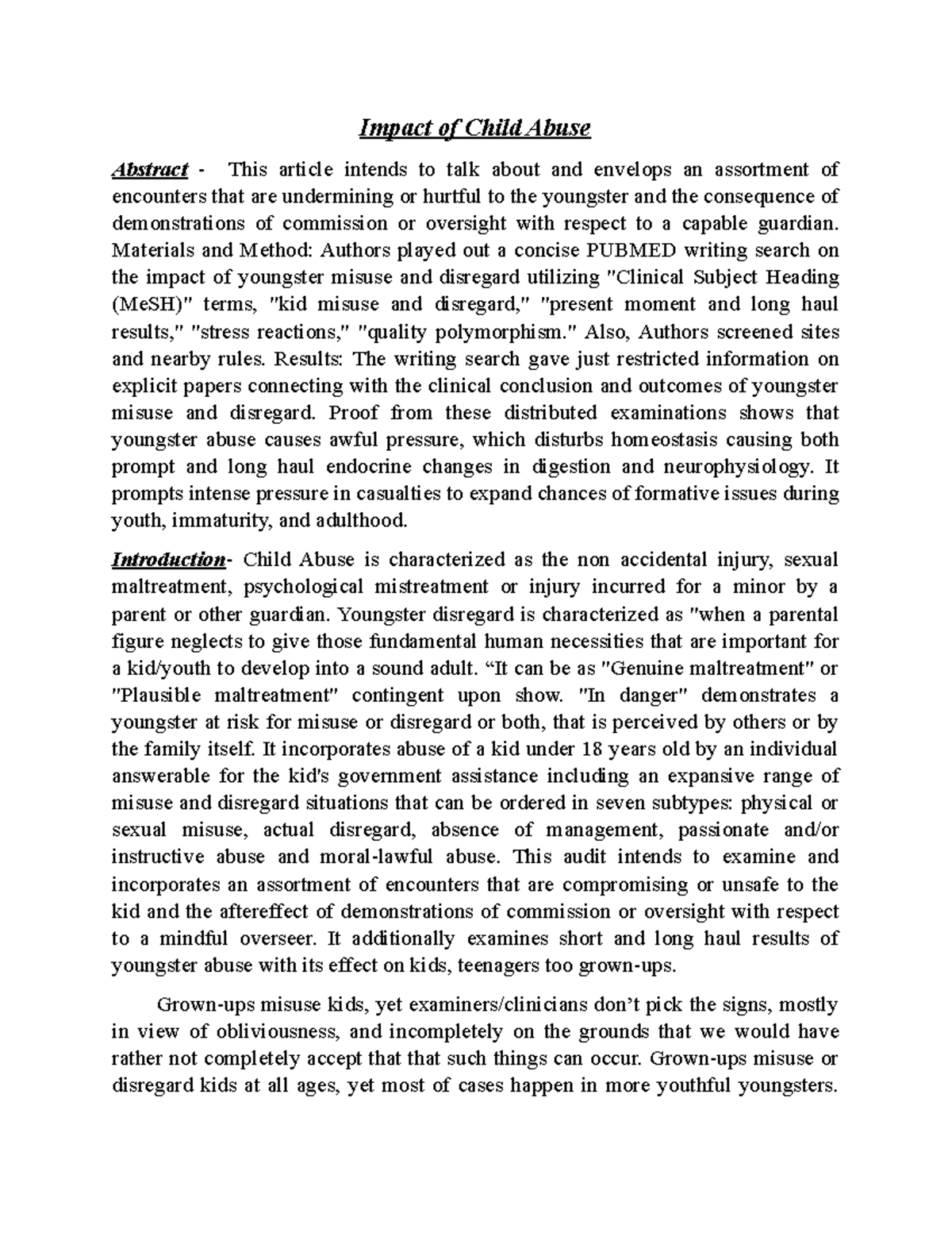 Impact of Child Abuse - Lecture notes 5 - Impact of Child Abuse ...