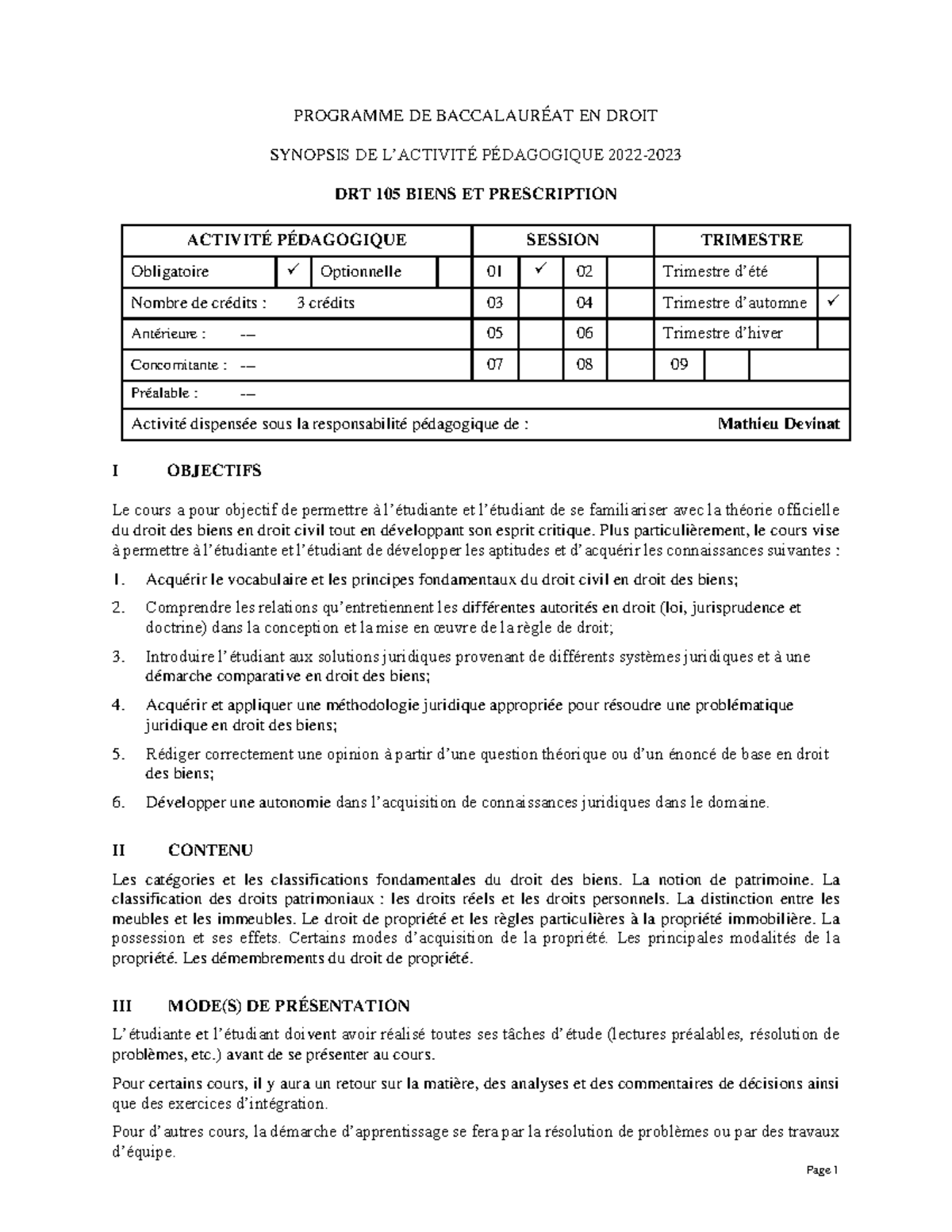 Synopsis - Mathieu Devinat - Page 1 PROGRAMME DE BACCALAURÉAT EN DROIT ...