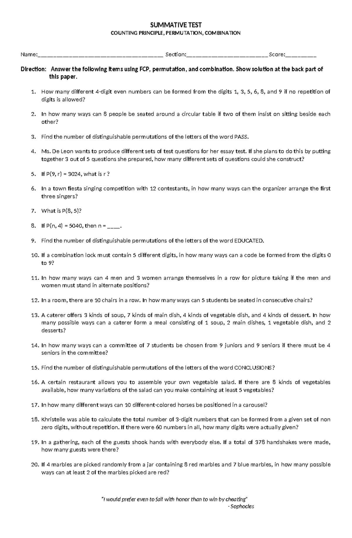 Sample summative test - its about school. - SUMMATIVE TEST COUNTING ...