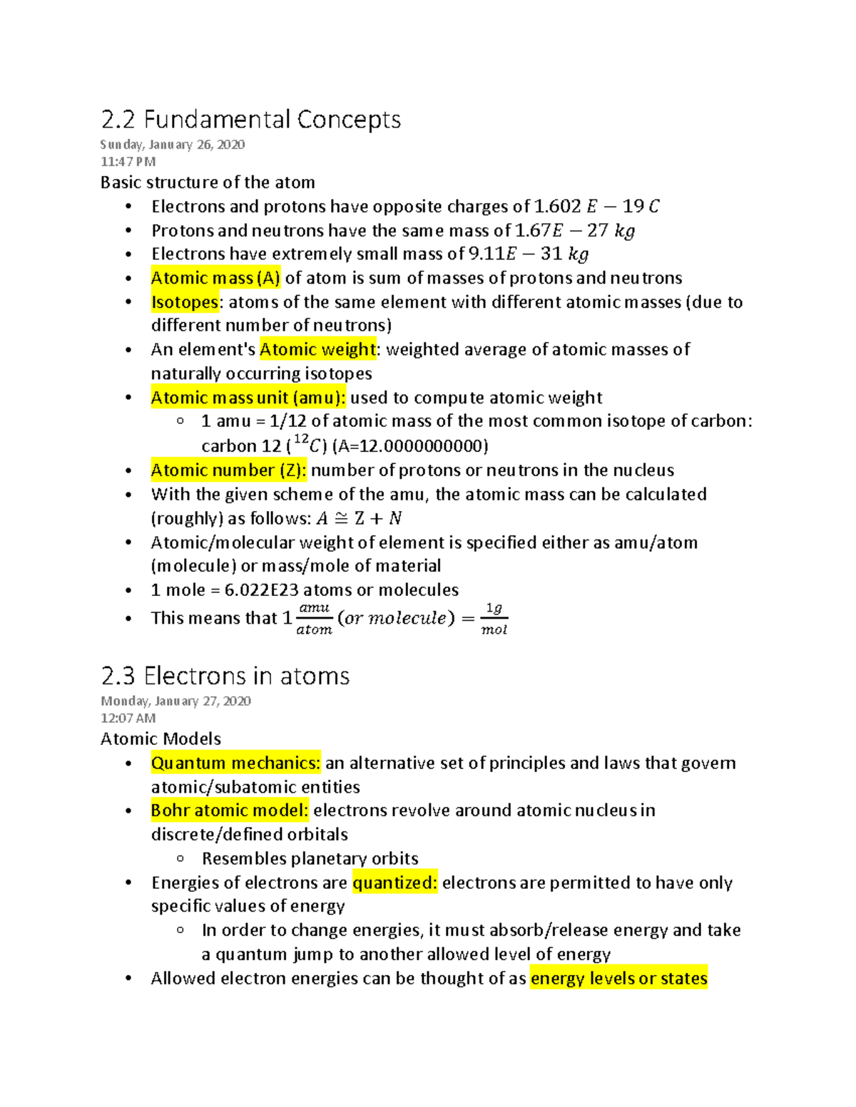 MSE250 Ch. 2.2-2.3 - 2 Fundamental Concepts Sunday, January 26, 2020 11 ...