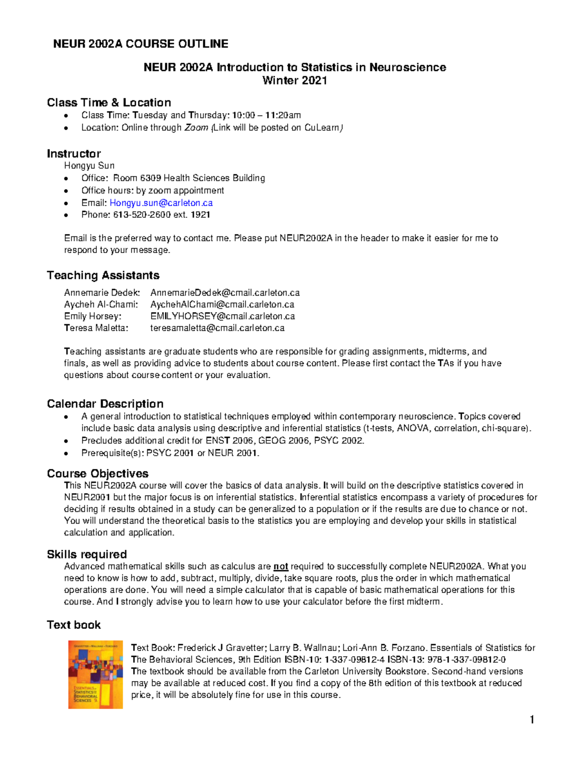 NEUR2002 A outline 2021 Winter - NEUR 200 2A Intro duction to ...