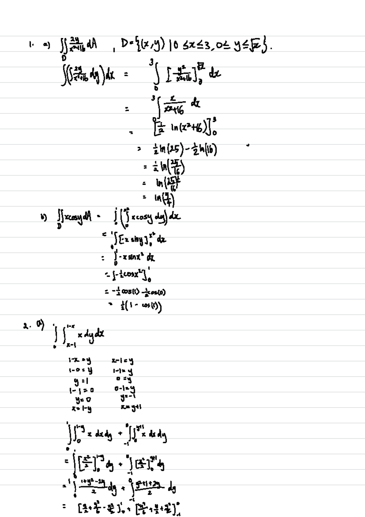 Homework 10 for MA1521 - 1. a) SS 2y dA I D 3 I S FL S x2+1b 29 Ly)da = [ x2+lb yz dx 0 3 x dx ...
