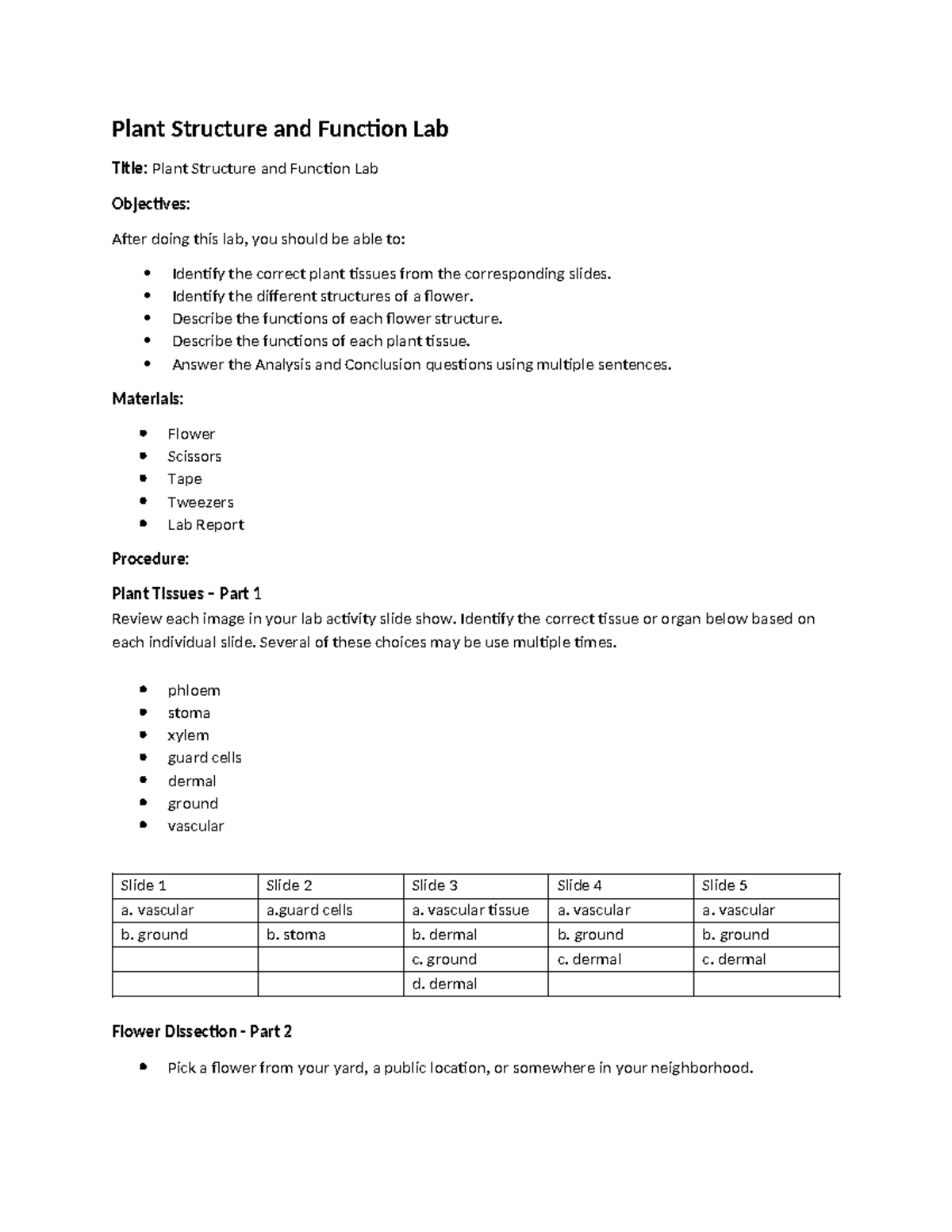 Virtual plants lab report - Plant Structure and Function Lab Title: Plant Structure and Function ...