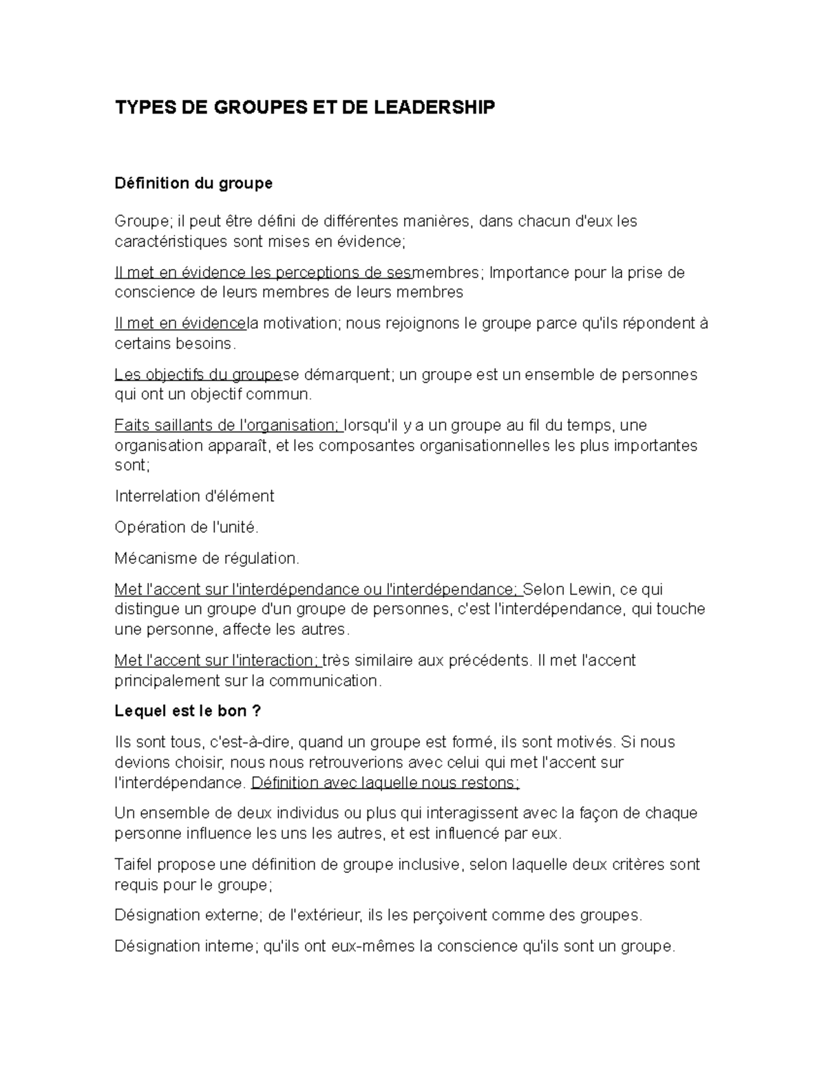 Types de groupes et de leadership - TYPES DE GROUPES ET DE LEADERSHIP ...