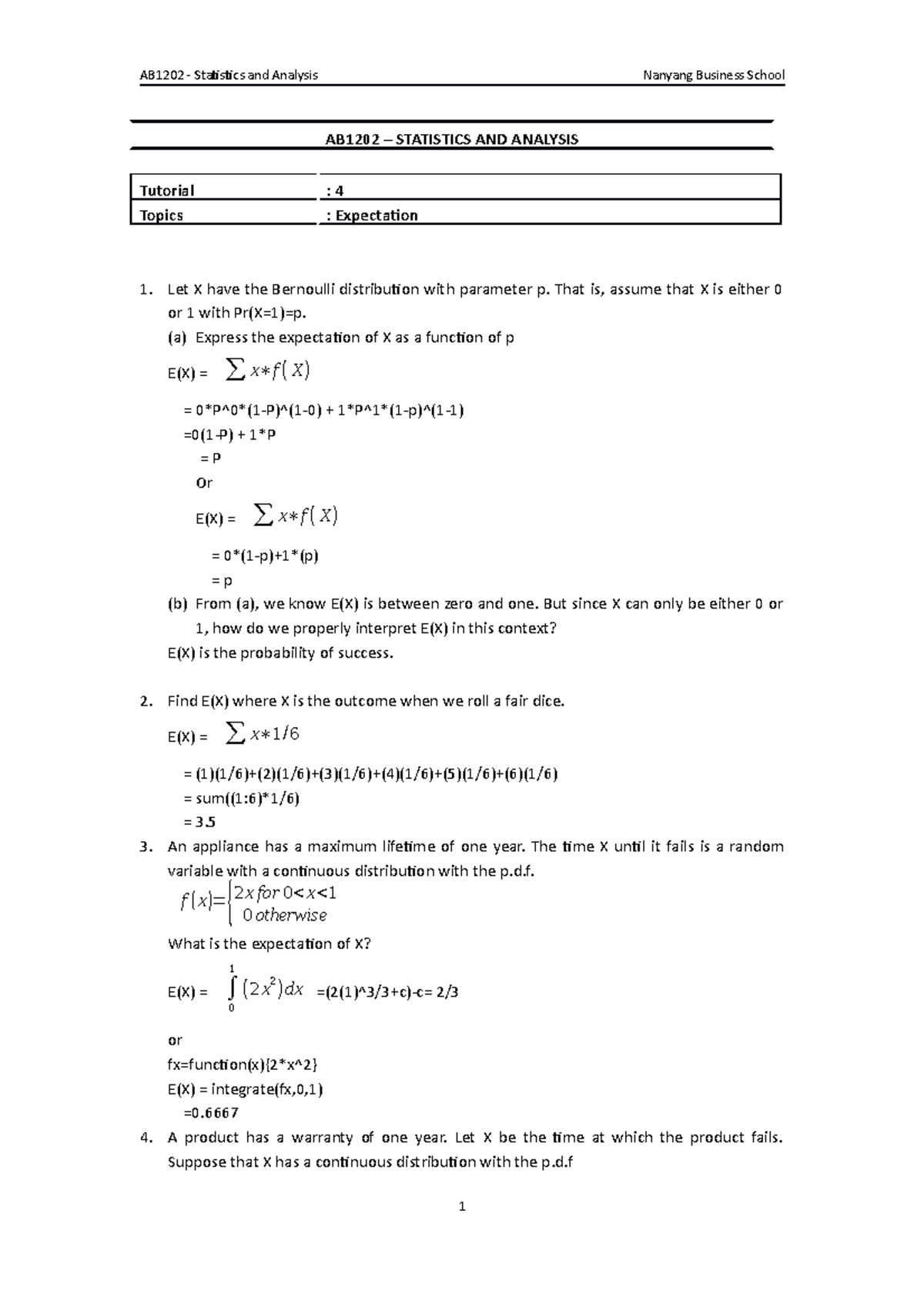 AB1202 Tutorial qns week 4 - AB1202 – STATISTICS AND ANALYSIS Tutorial ...