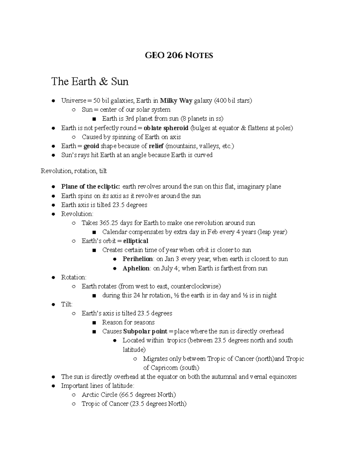 GEO 206 Notes - GEO 206 Notes The Earth & Sun Universe = 50 bil ...