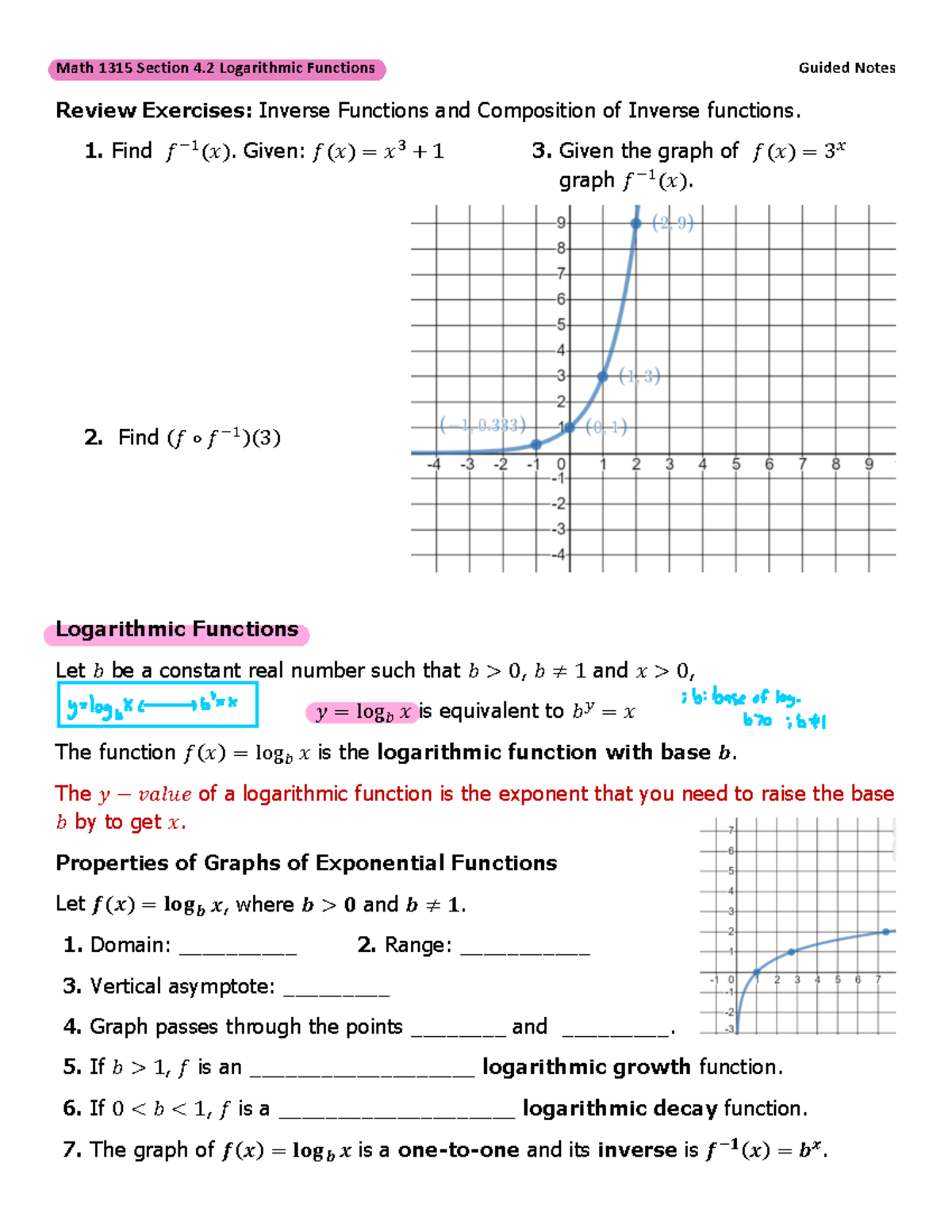4.2 Logarithmic Functions - ####### Review Exercises: Inverse Functions ...