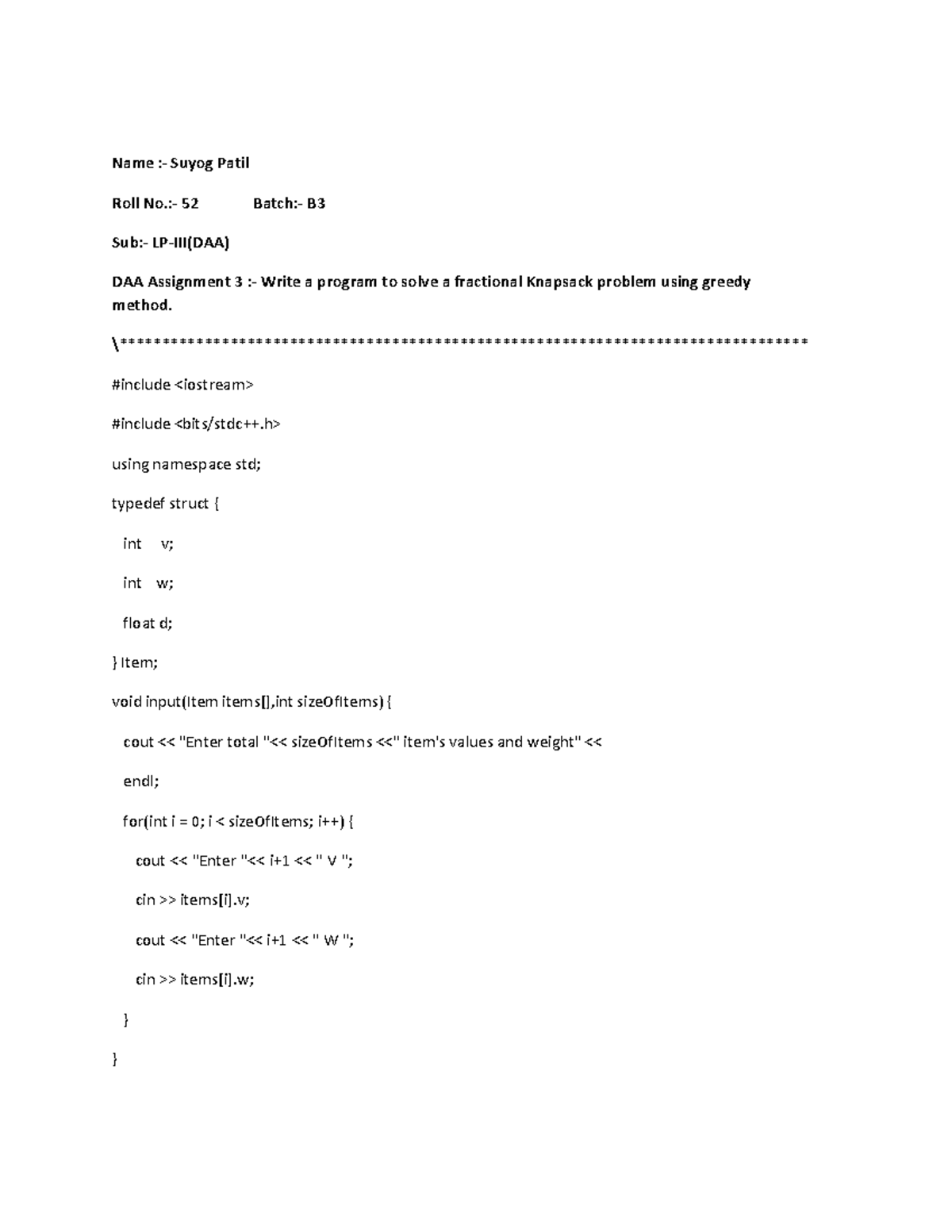 DAA Assign 3 - Name :- Suyog Patil Roll No.:- 52 Batch:- B 3 Sub:- LP ...