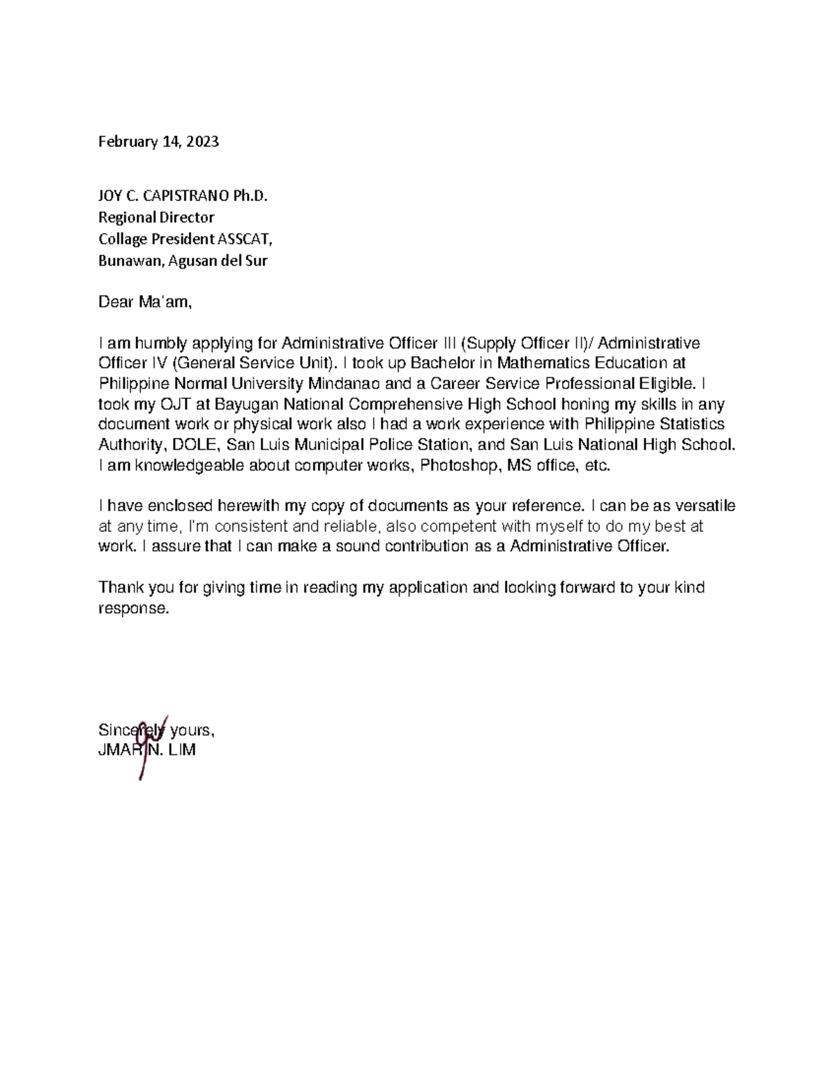Application Letter Asscat - February 14, 2023 JOY C. CAPISTRANO Ph ...