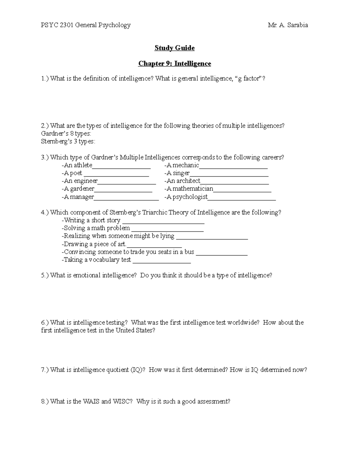 Chapter 9 Intelligence(1) (1) - PSYC 2301 General Psychology Mr. A ...