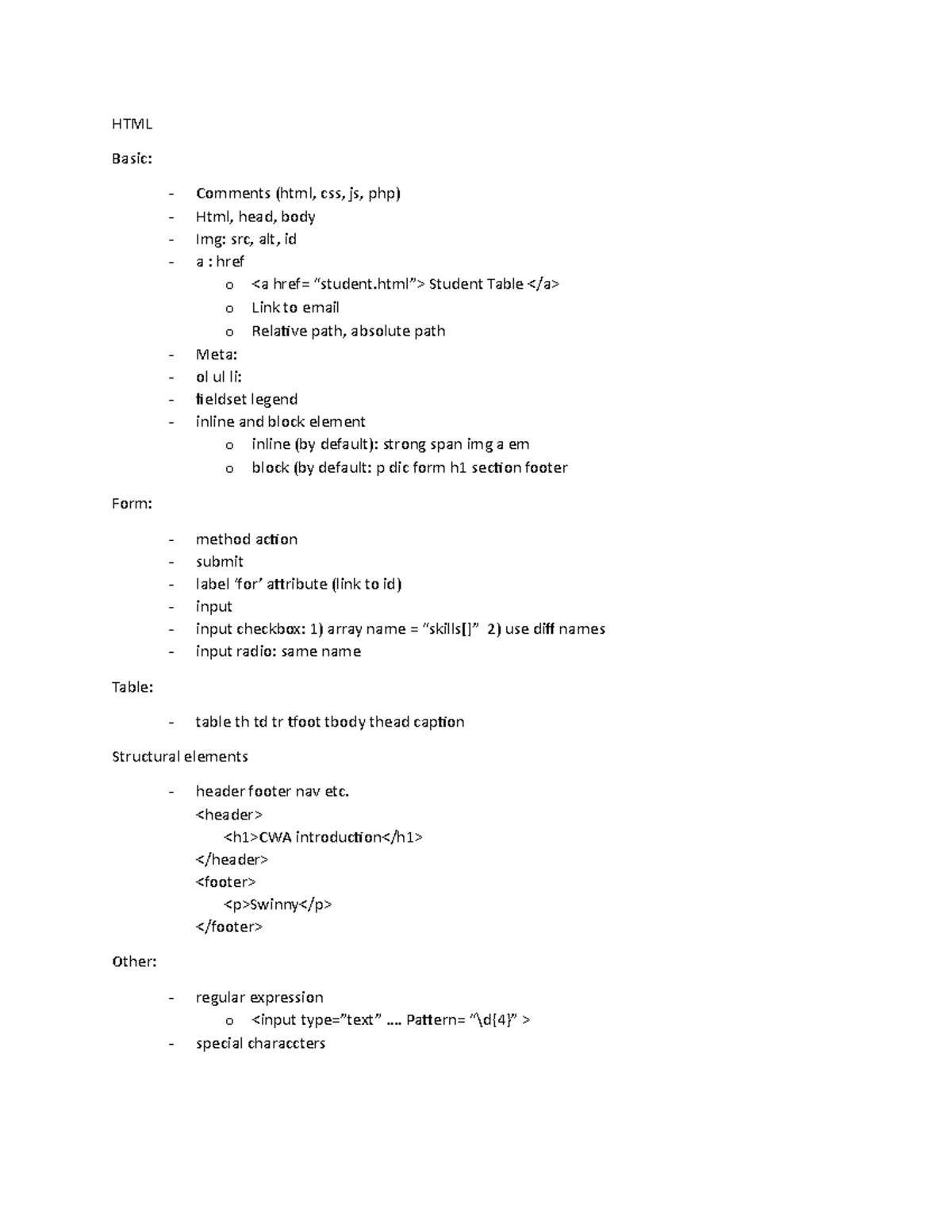 CWA Exam topics notes - HTML Basic: Comments (html, css, js, php) Html ...