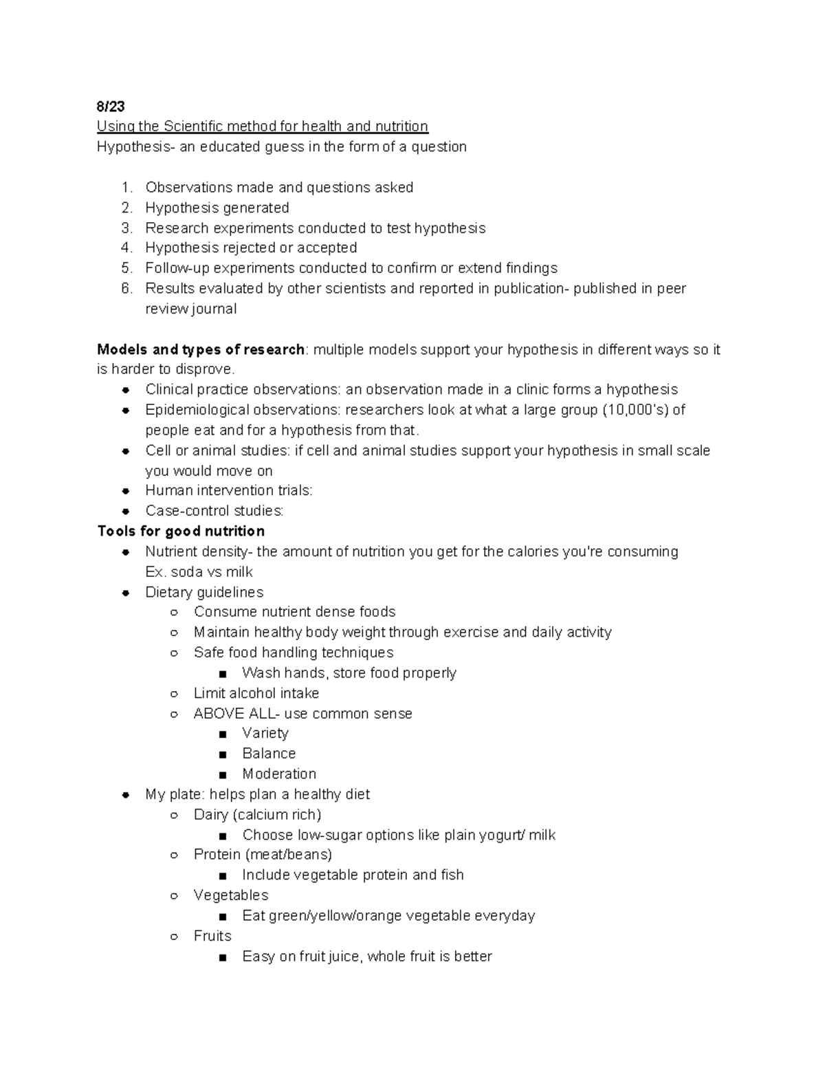 Nutrition notes - 8/23 Using the Scientific method for health and ...