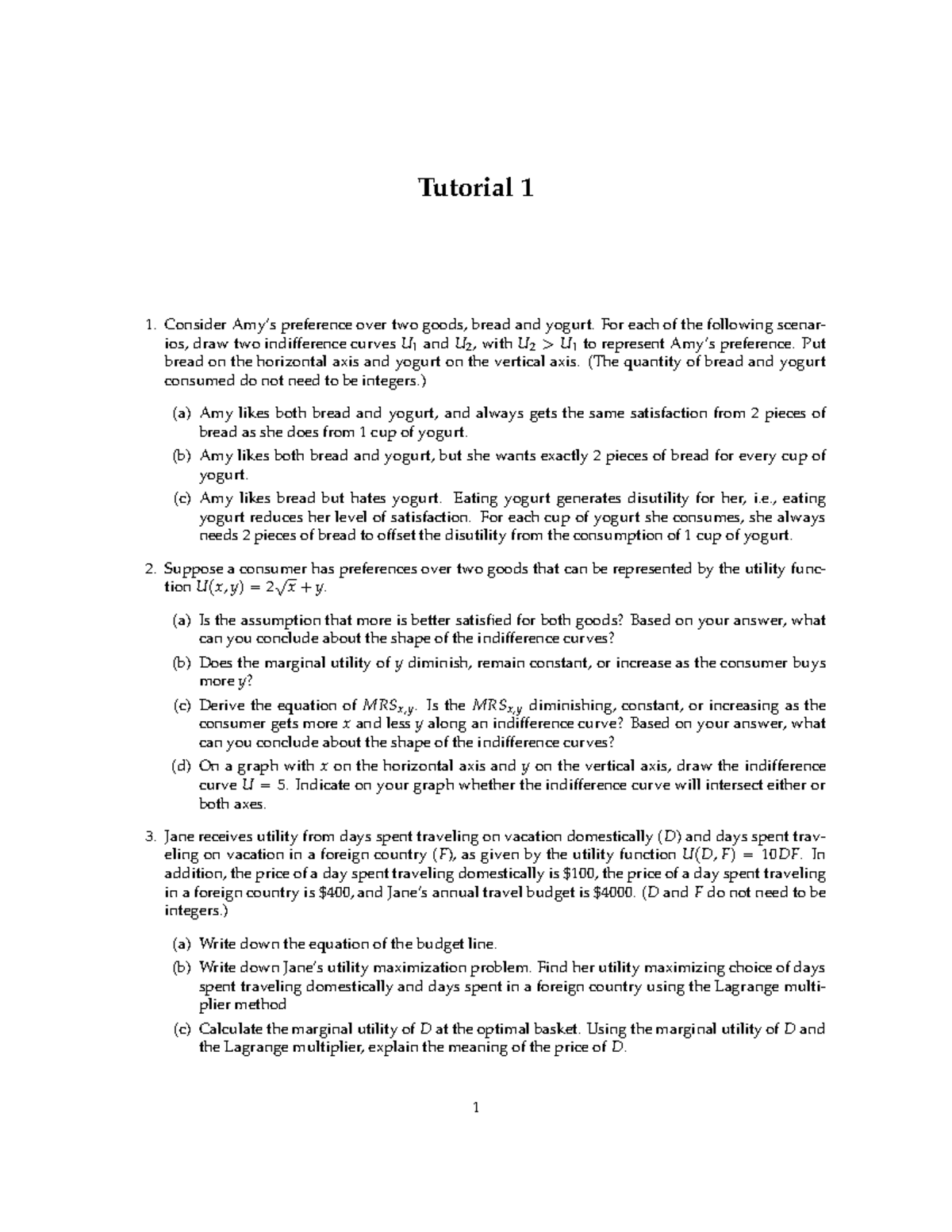 microeconomics chapter 1 - Tutorial 1 Consider Amy’s preference over ...