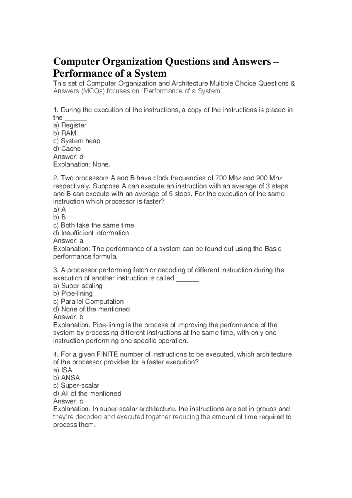 4-Performance of a System - Computer Organization Questions and Answers – Performance of a ...