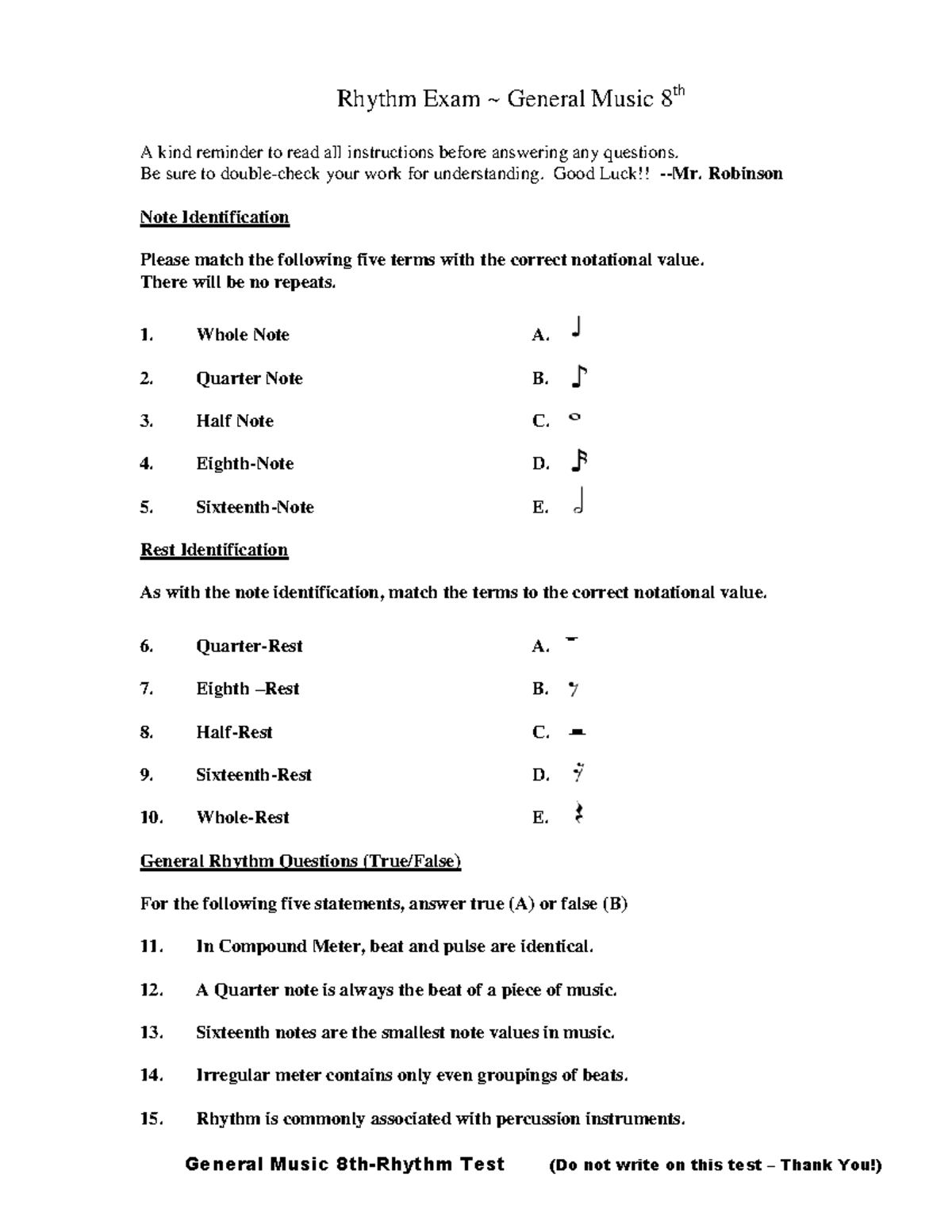Rhythm Test-GM8 - Education - Rhythm Exam ~ General Music 8th A kind ...