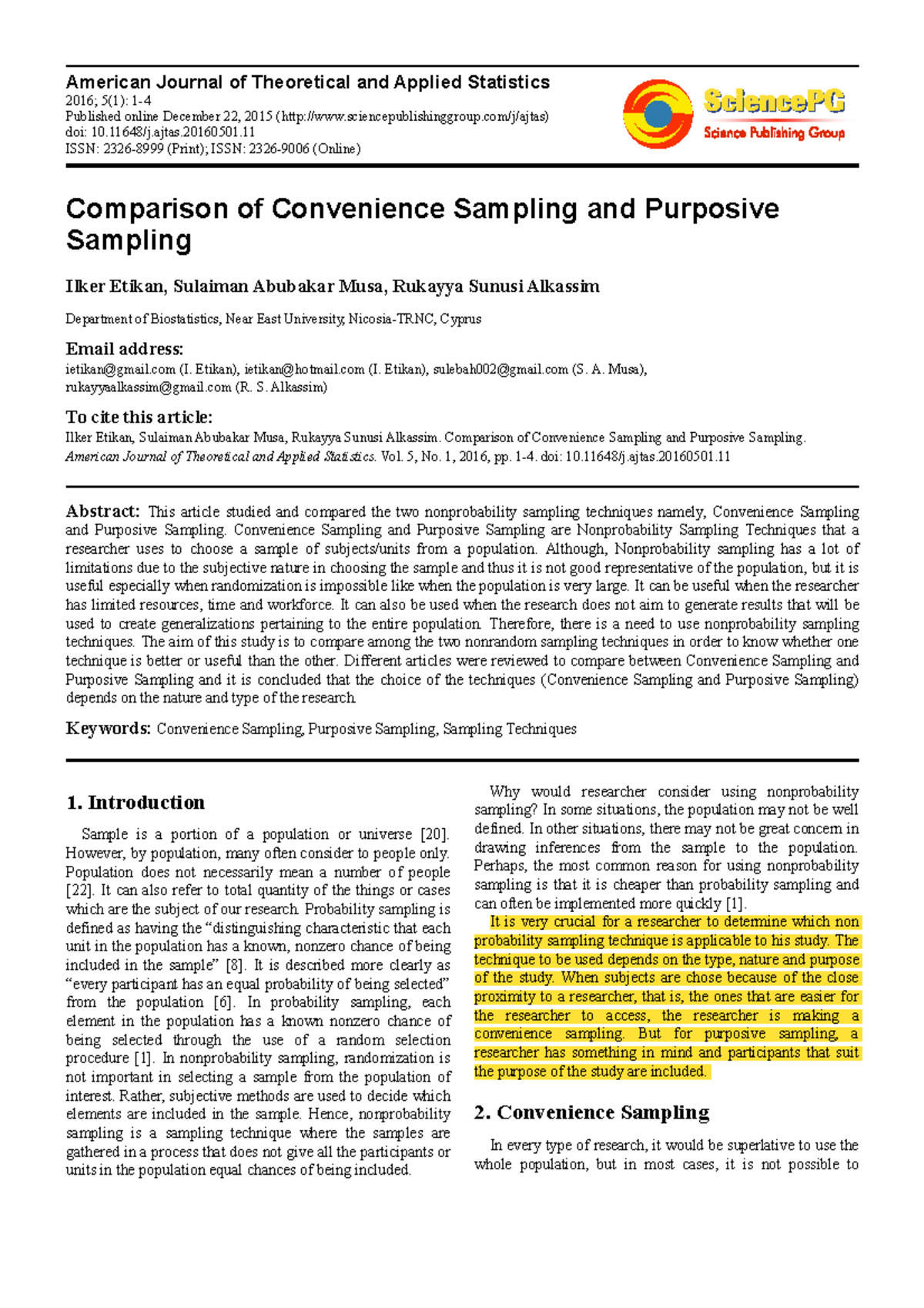 Comparison of Convenience Sampling and P - American Journal of ...