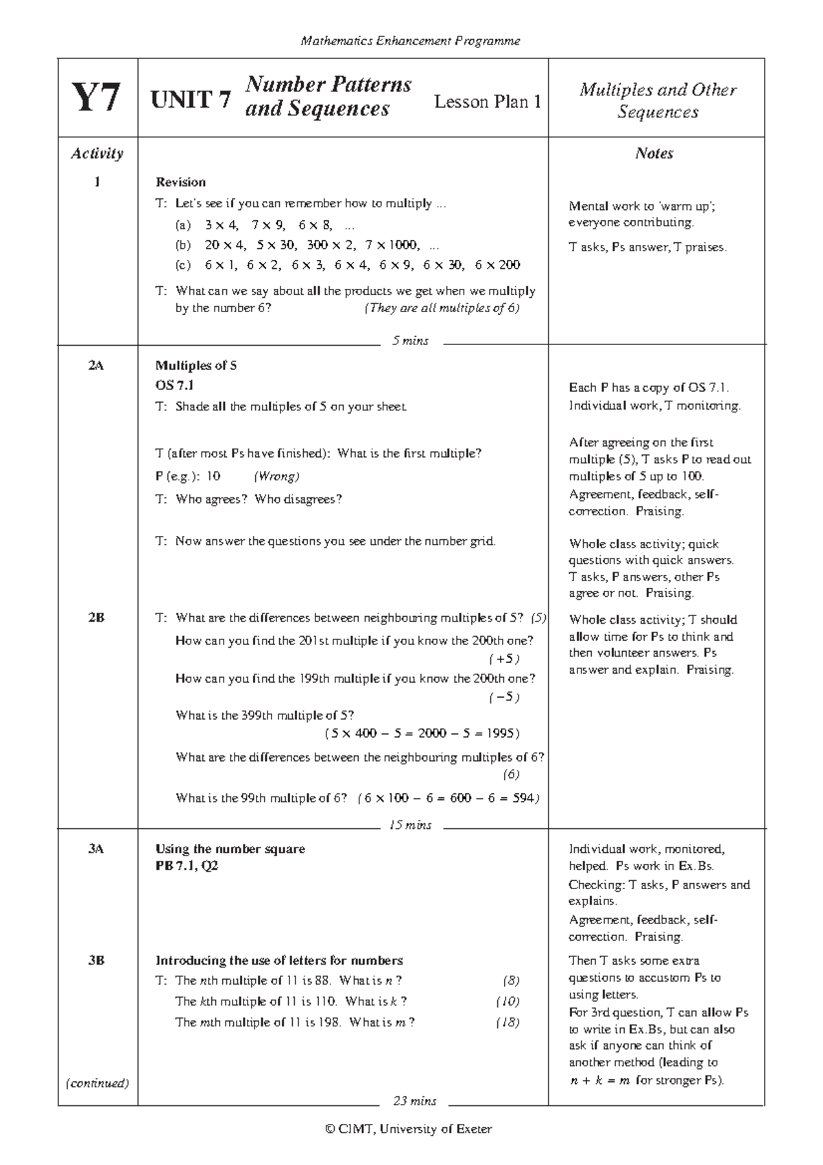 Unit 7 Number patterns and sequences lesson plan and notes ...