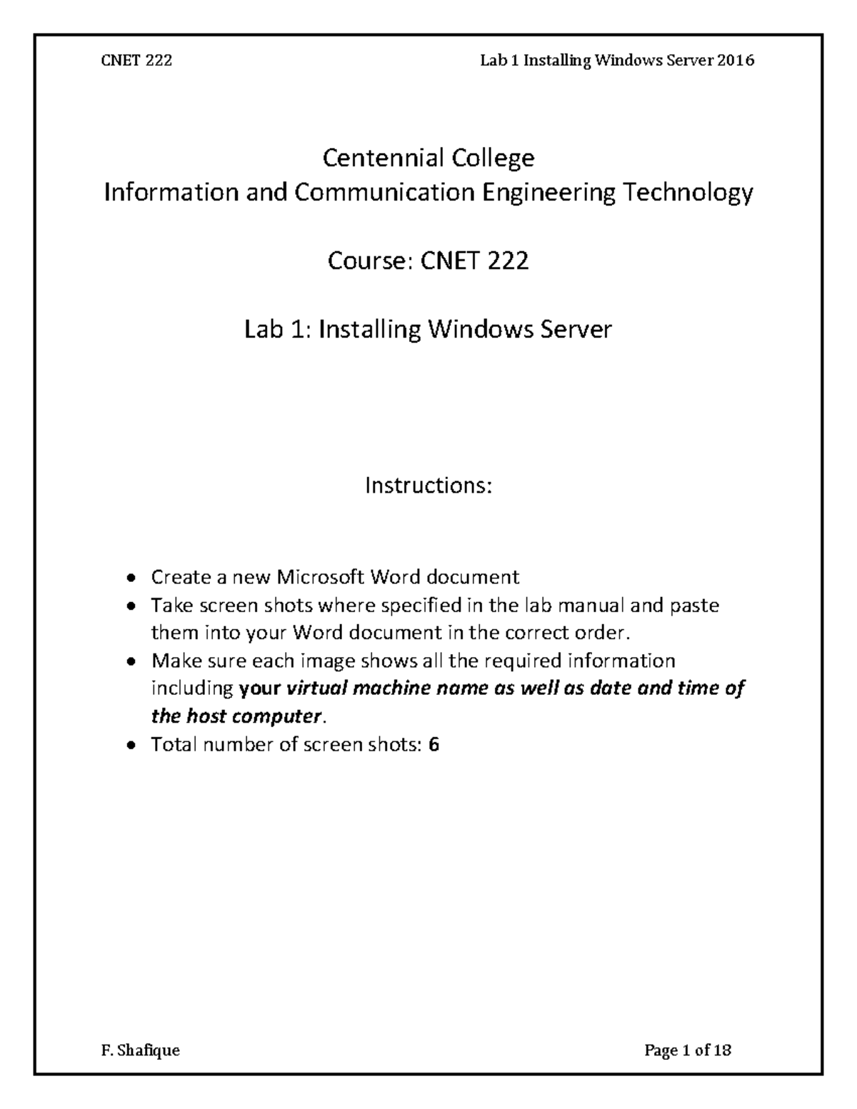 Lab01 Windows Server Installation Centennial College Information And