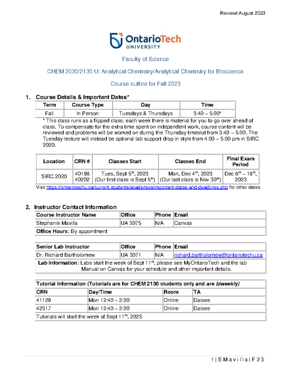 CHEM2030U Syllabus - Faculty of Science CHEM 2030/2130 U: Analytical Chemistry/Analytical ...