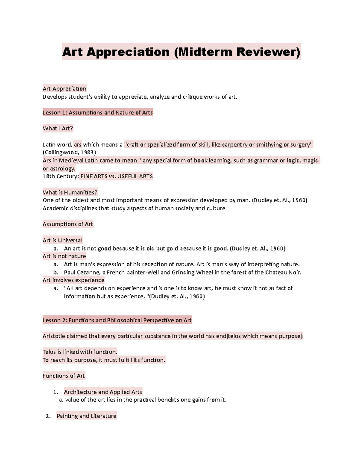 Art Appreciation Notes - Art Appreciation (Midterm Reviewer) Art ...
