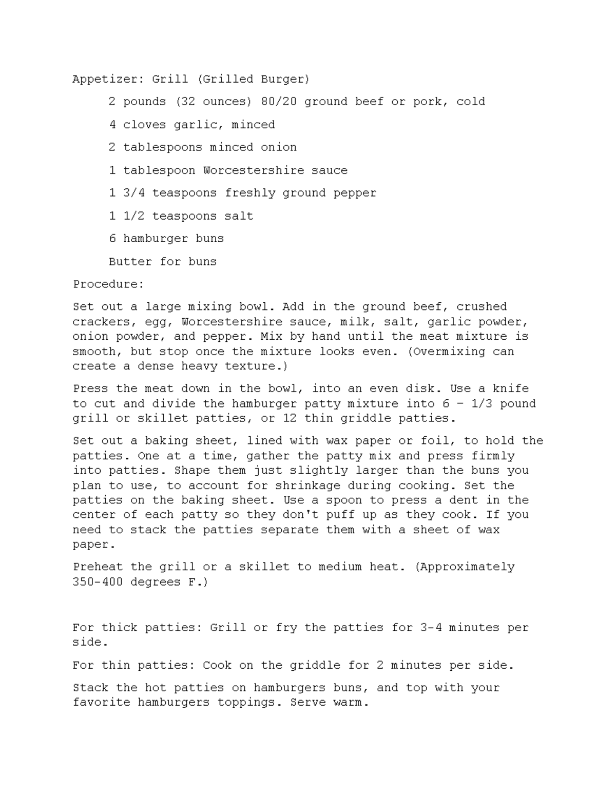 Lab 2 recipe - Appetizer: Grill (Grilled Burger) 2 pounds (32 ounces ...