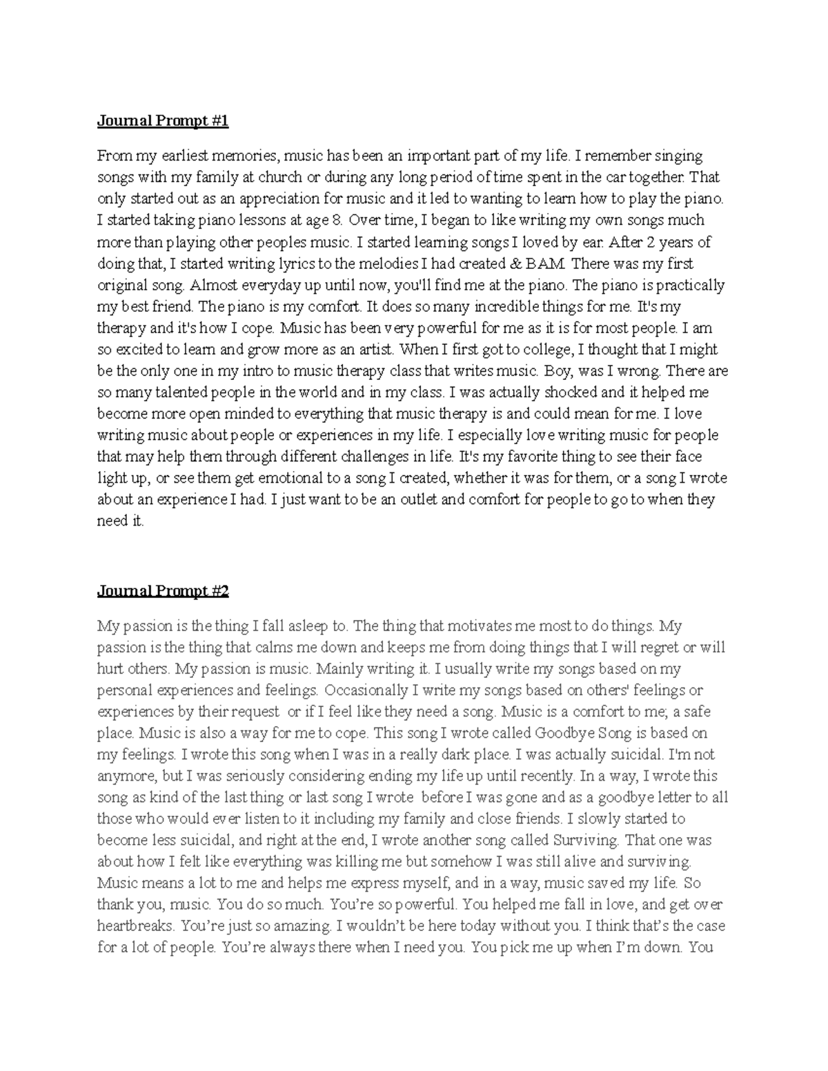 Music Therapy Journal Entries - Journal Prompt # From my earliest ...