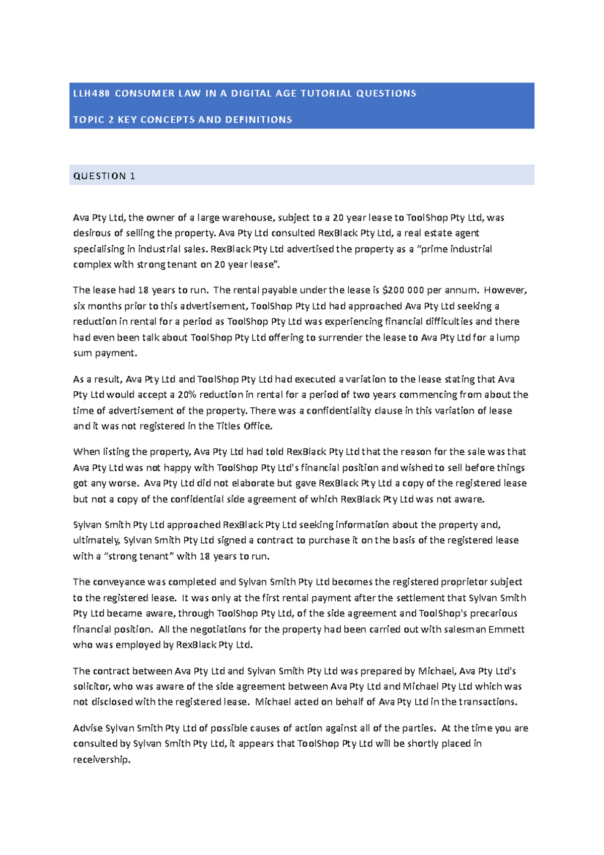 LLH480 2023 Topic 2 Tutorial Qns - LLH480 CONSUMER LAW IN A DIGITAL AGE ...