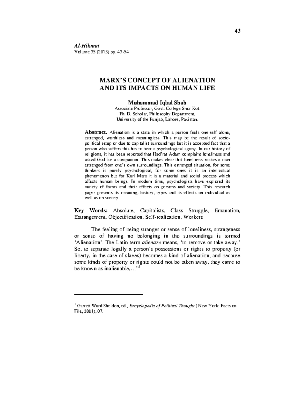 MARX concept of alienation and its impact on human life. - 43 Al-Hikmat ...