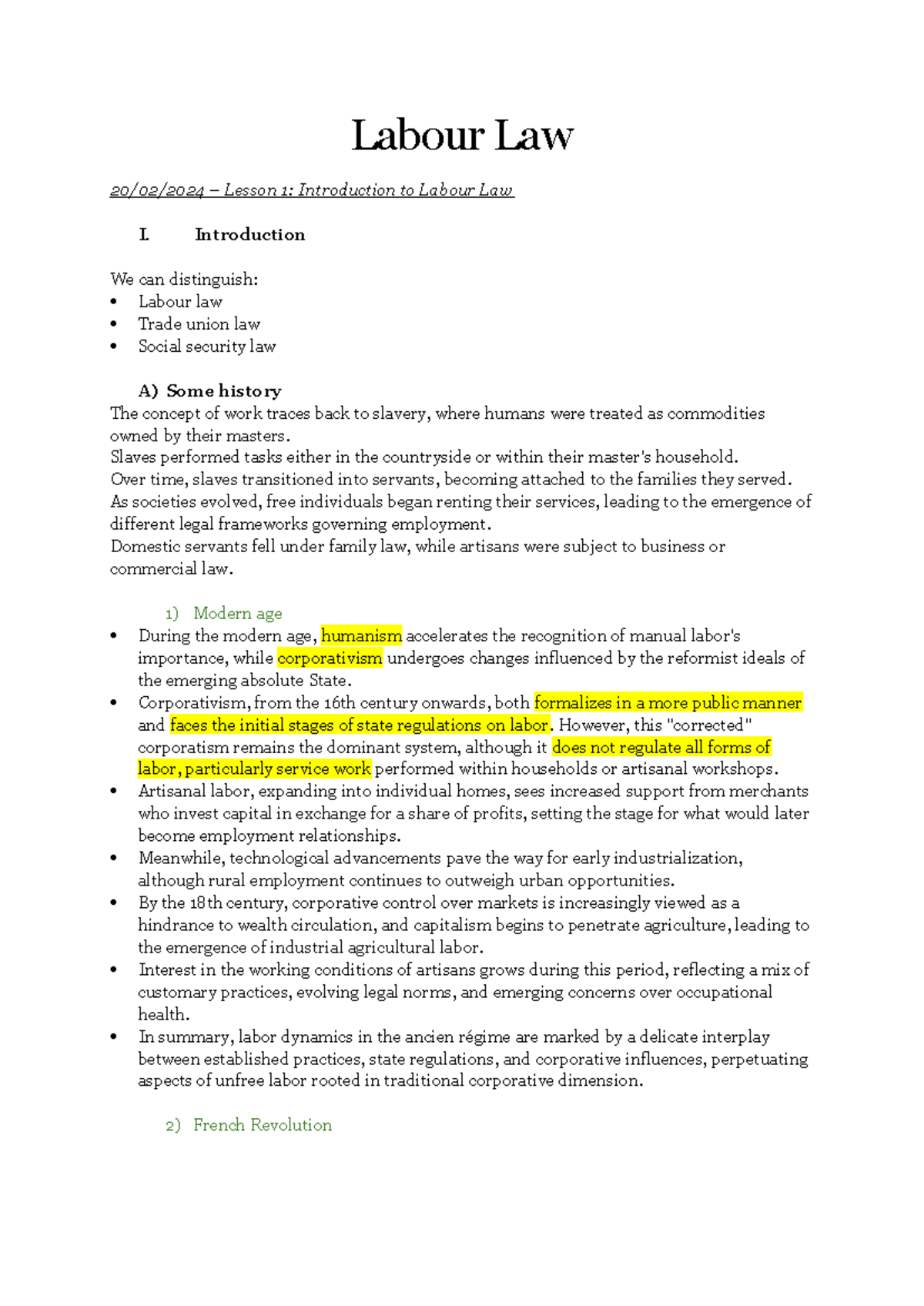 Labour Law notes - Labour Law 20/02/2024 – Lesson 1: Introduction to ...