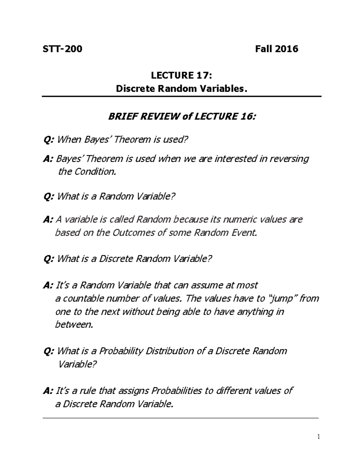 STT 200 Lecture 17 - STT-200 Fall 2016 LECTURE 17: Discrete Random Variables. BRIEF REVIEW of ...