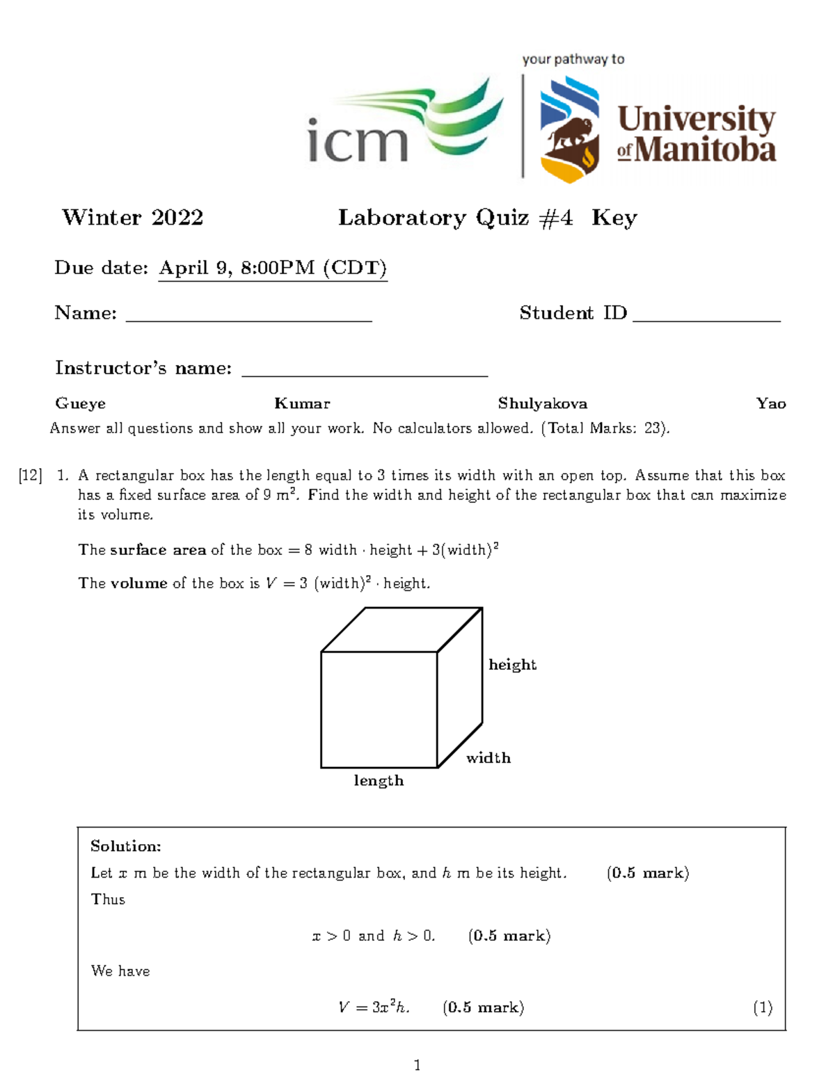 Quiz 4 solution Winter 2022 - Winter 2022 Laboratory Quiz #4 Key Due ...
