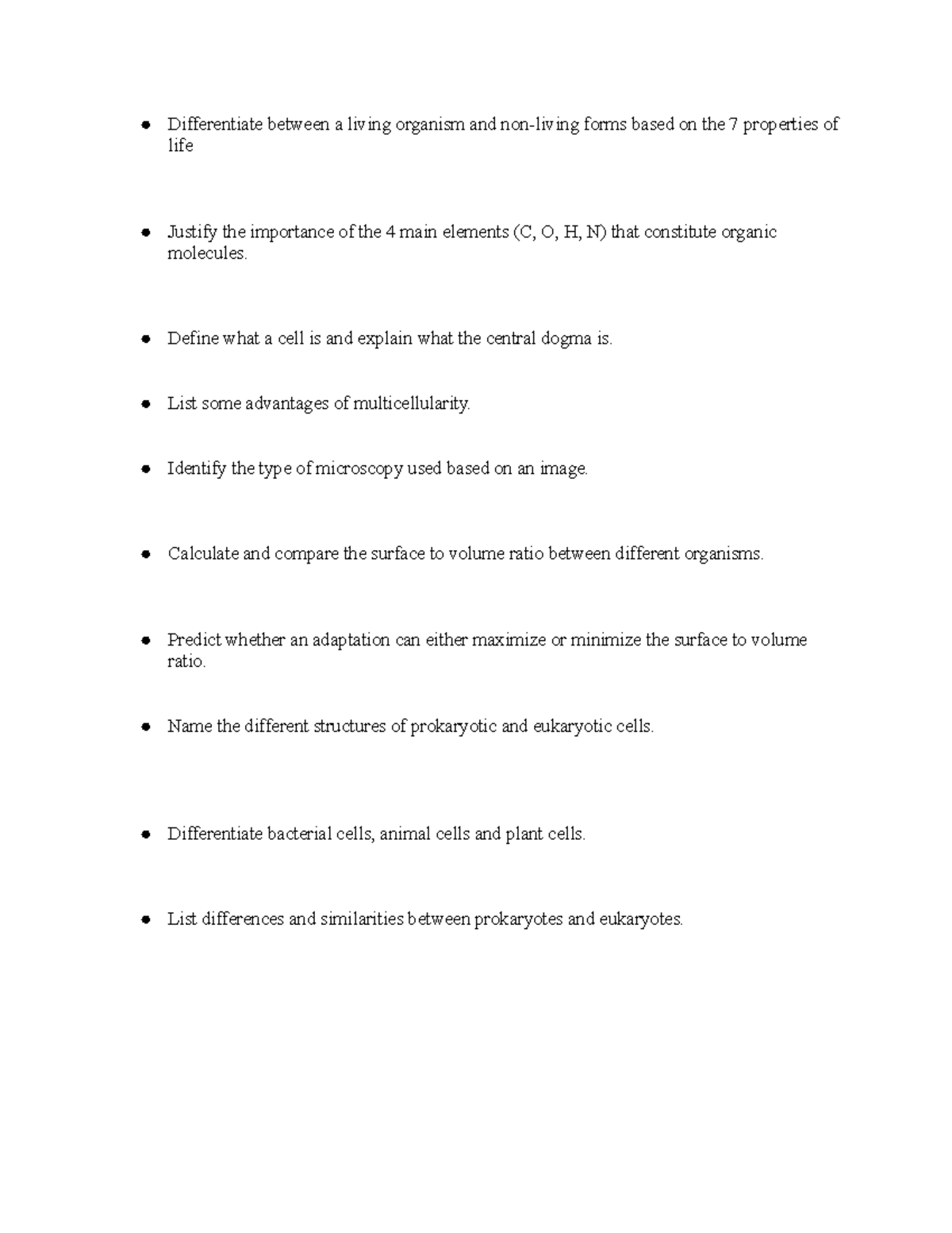 Biology Learning Outcomes - Midterm 1 - Differentiate between a living ...
