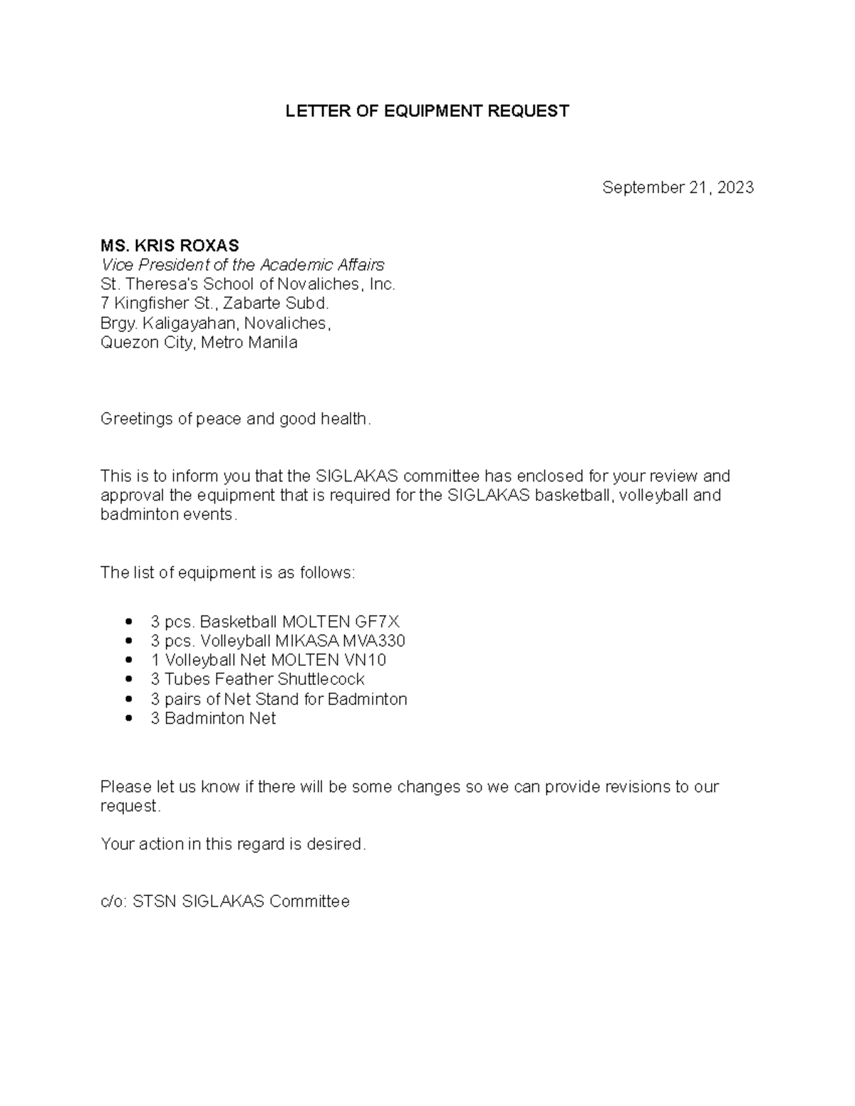 Letter OF Budget Request - LETTER OF EQUIPMENT REQUEST September 21 ...
