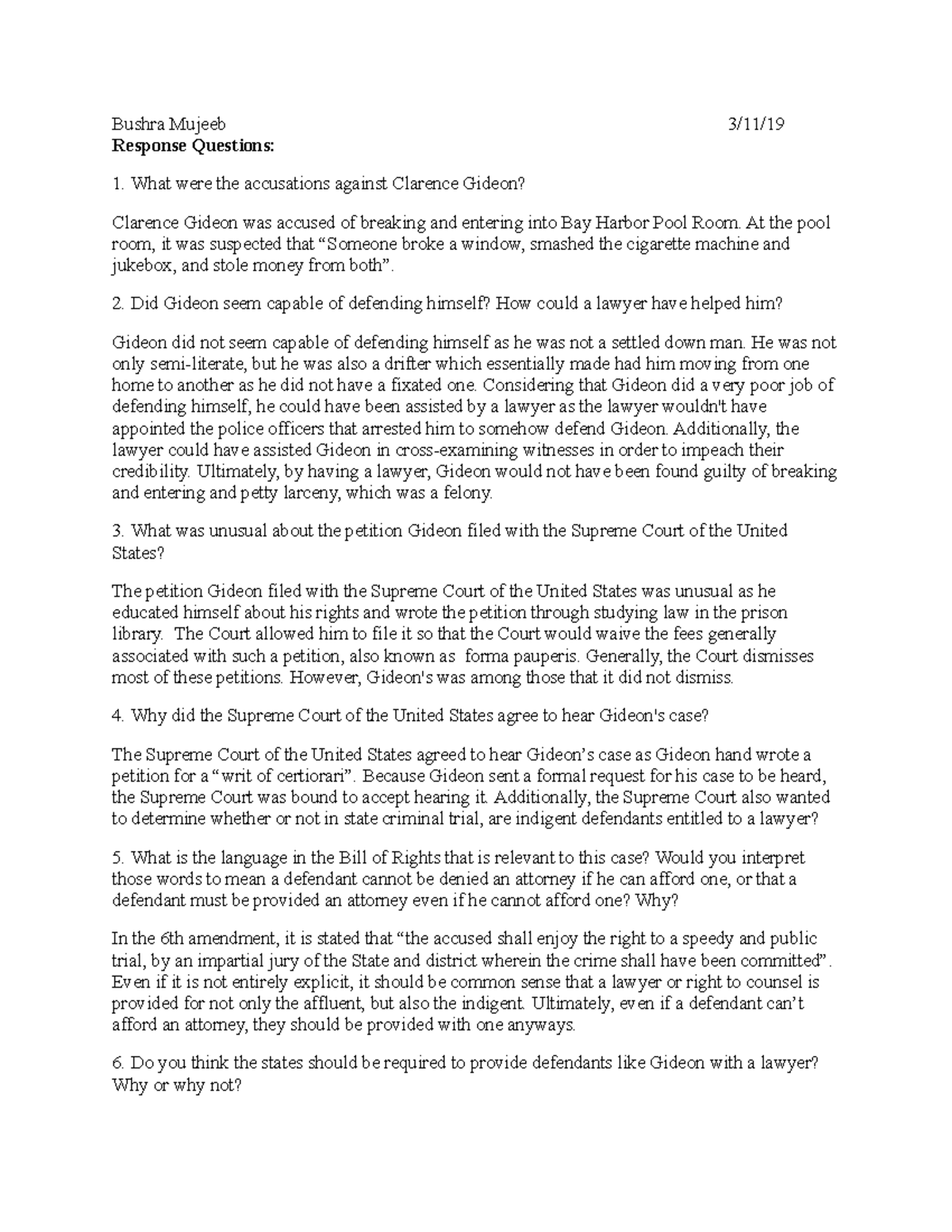 Gideon v. Wainwright Background Questions WITH ANSWERS - Bushra Mujeeb ...