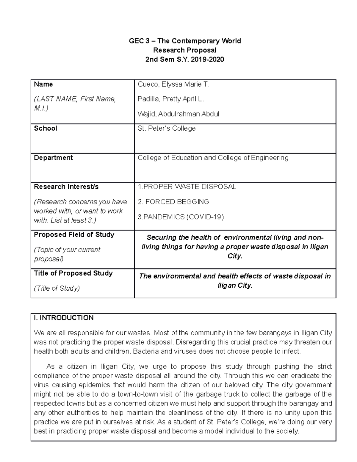 GEC 3 MINI RESEARCH PROPOSAL FORMAT - GEC 3 – The Contemporary World ...