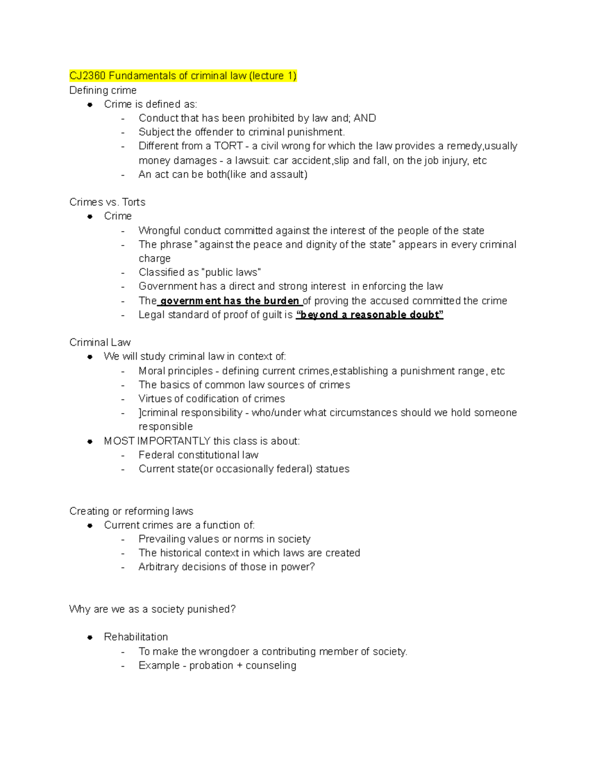 CJ2360 Fundamentals of criminal law - Different from a TORT - a civil ...