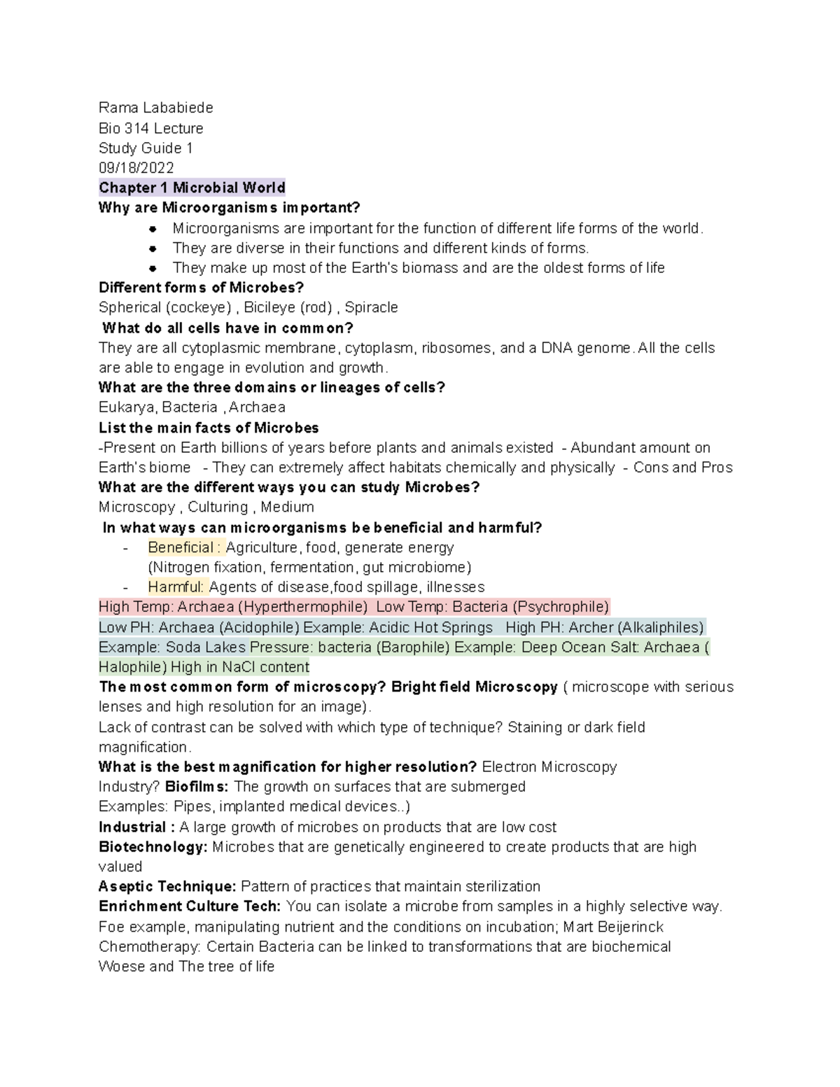 Study guide 1 Ch1-5 - Microbiology, Brock Biology - Rama Lababiede Bio ...