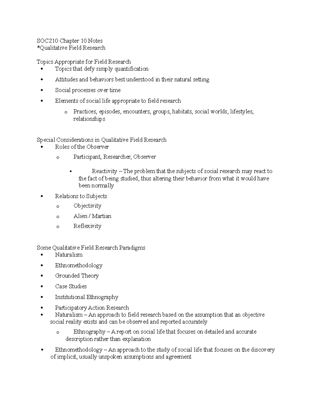 SOC210 Chapter 10 Notes - SOC210 Chapter 10 Notes *Qualitative Field ...