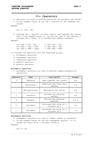 C-Handouts-3 - LECTURE HANDOUTS - INTRODUCTION TO C++ PROGRAMMING LANGUAGE • C++ is a - Studocu