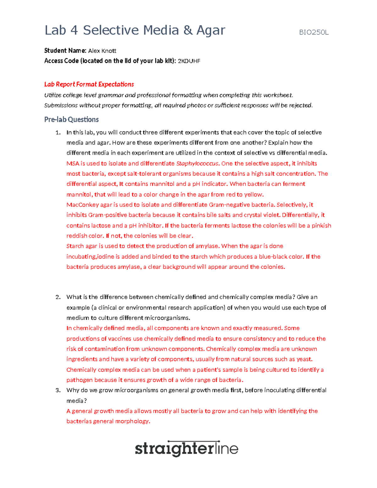 BIO250 Lab 4 - Lab 4 - Student Name: Alex Knott Access Code (located on ...