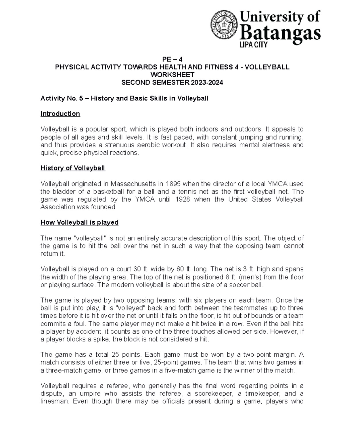 Volleyball Worksheets