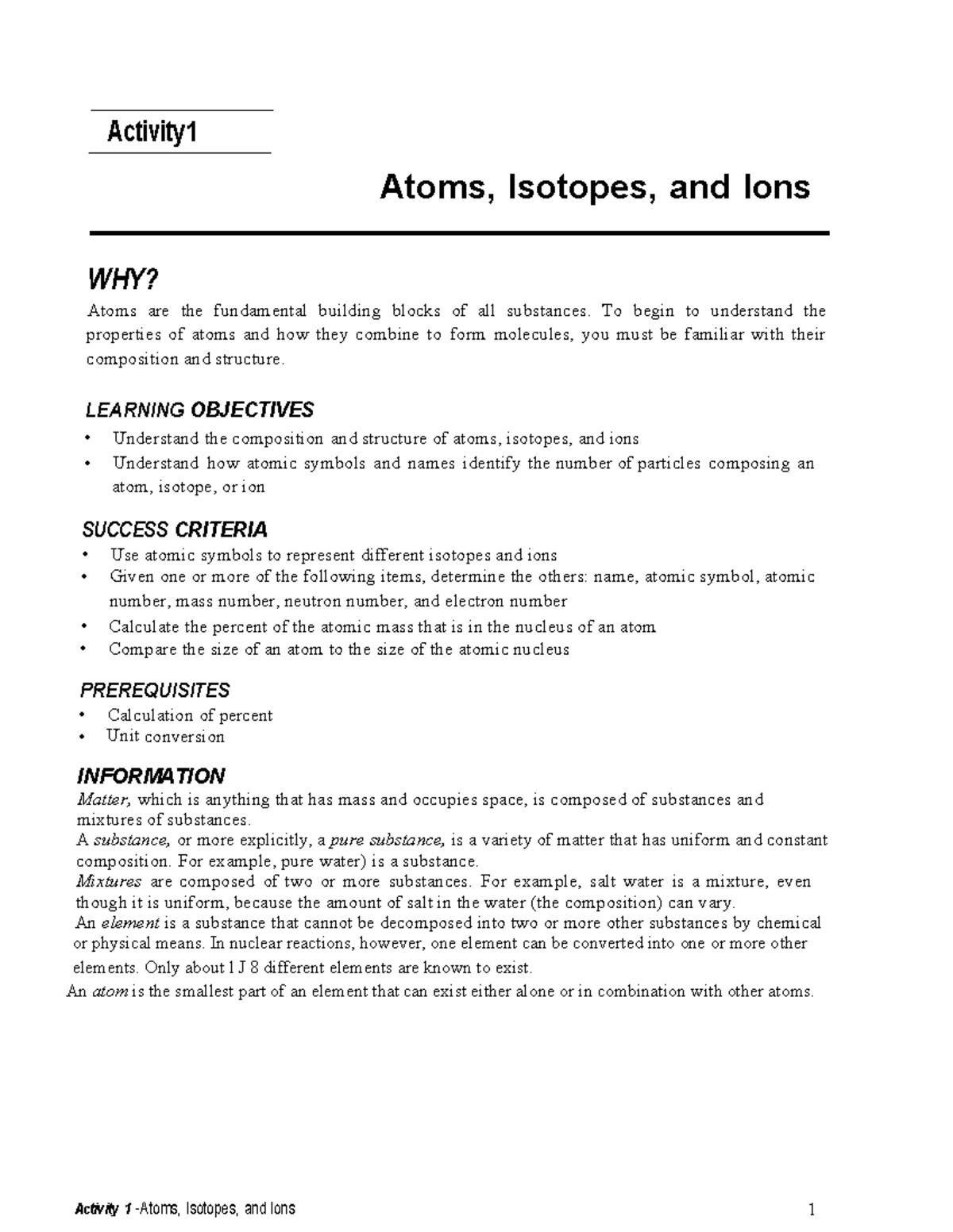 Atoms Isotopes Ions #1 Class Copy - Activity 1 -Atoms, Isotopes, and ...